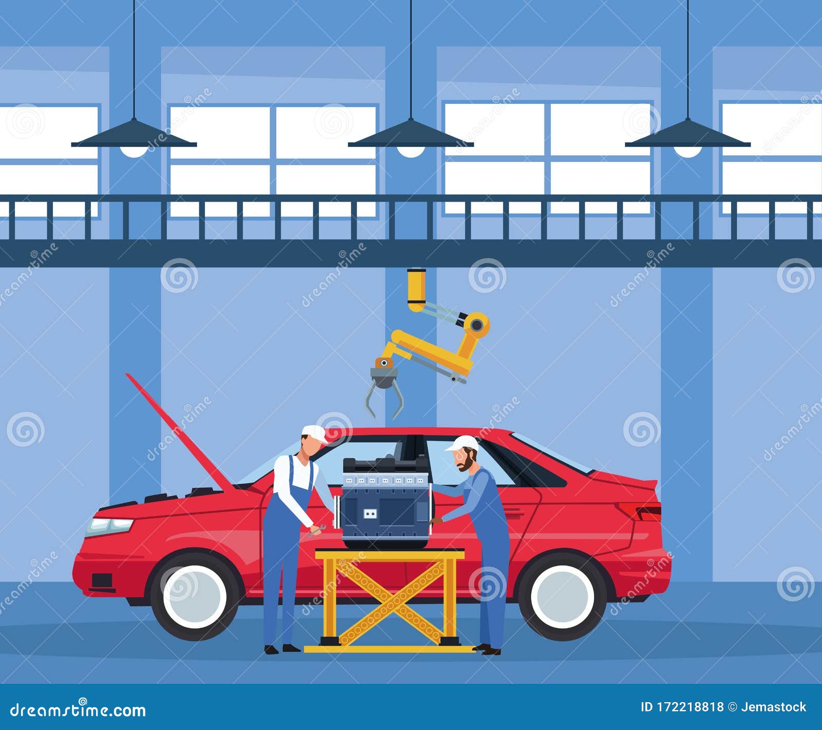 Car Workshop Scenery with Mechanics Working on Engine Over Red Car ...
