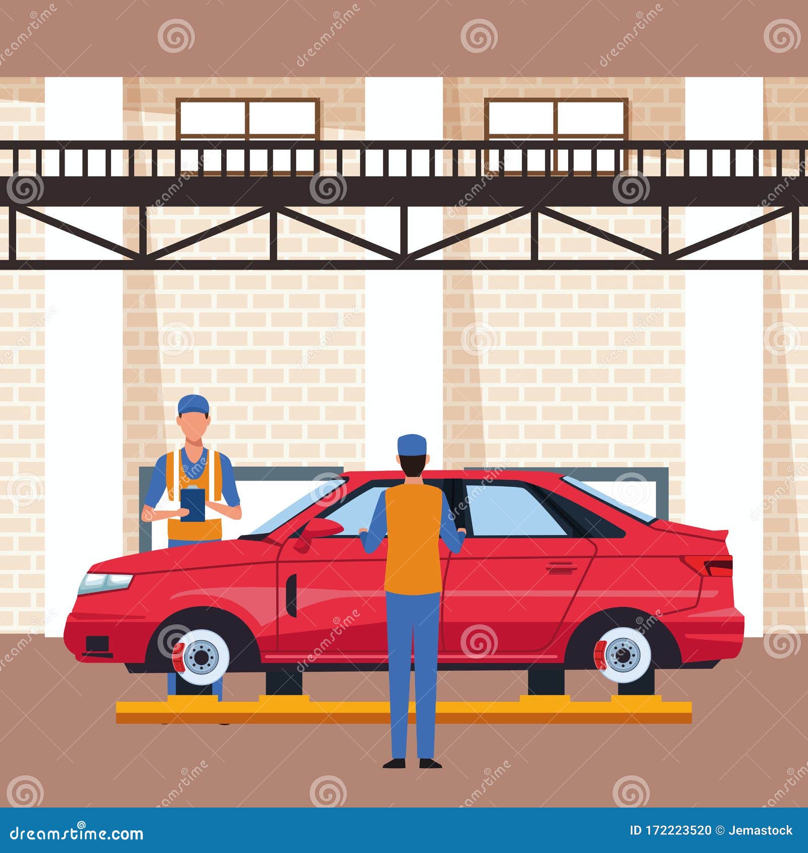 Car Workshop Scenery with Mechanics Working on Red Car Stock Vector ...