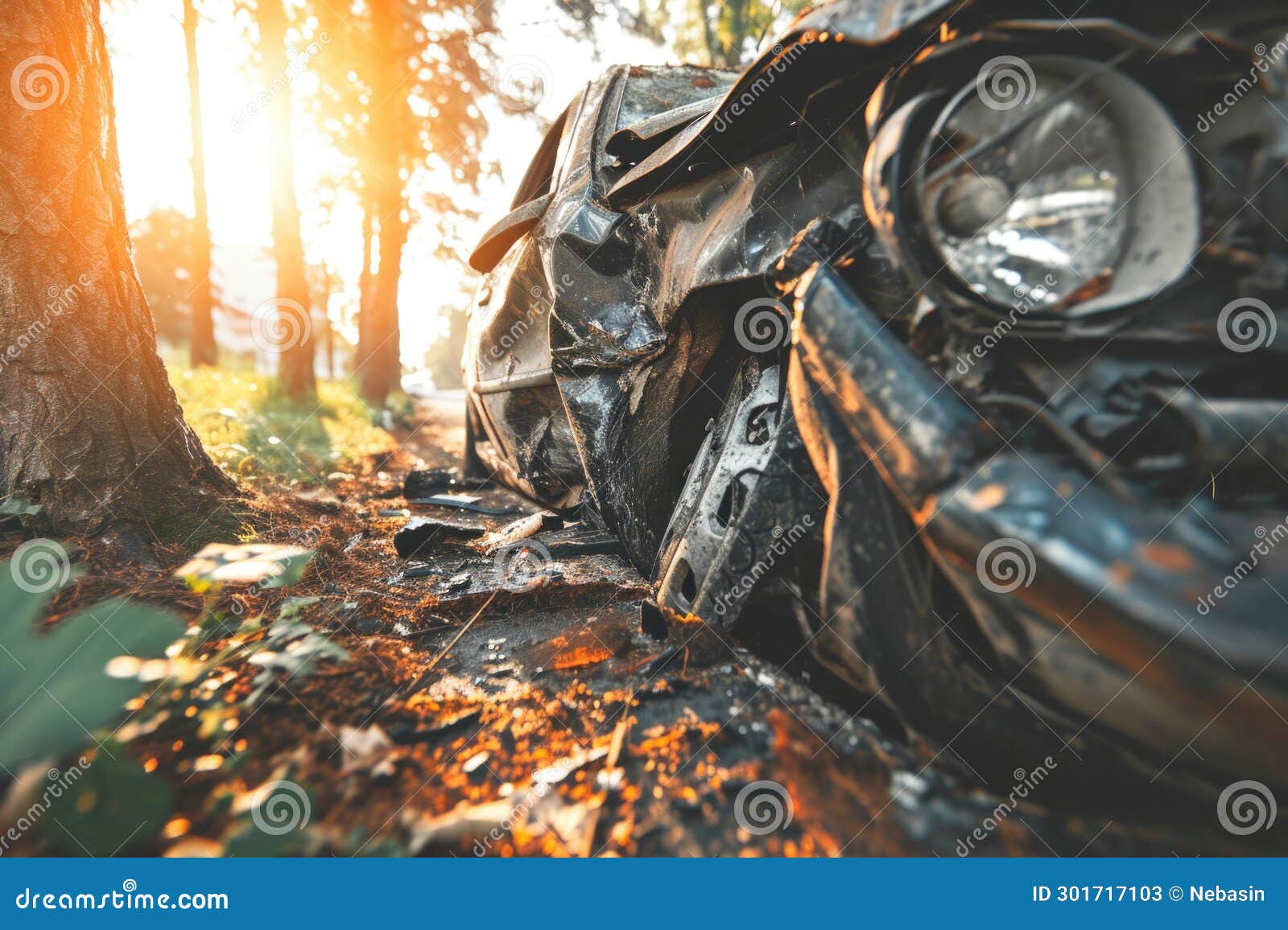 Car Wreckage Against Tree after Severe Accident Stock Image - Image of ...