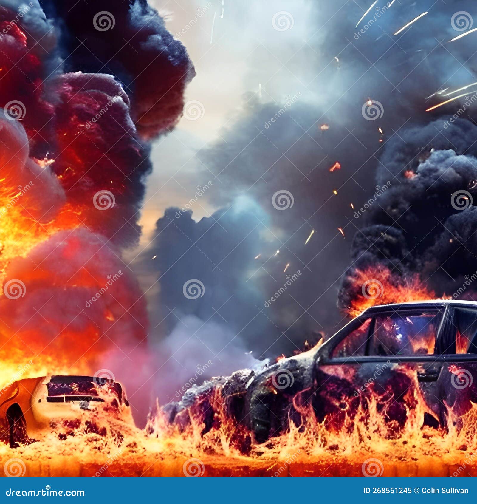 Car wreckage and fire stock illustration. Illustration of crash - 268551245