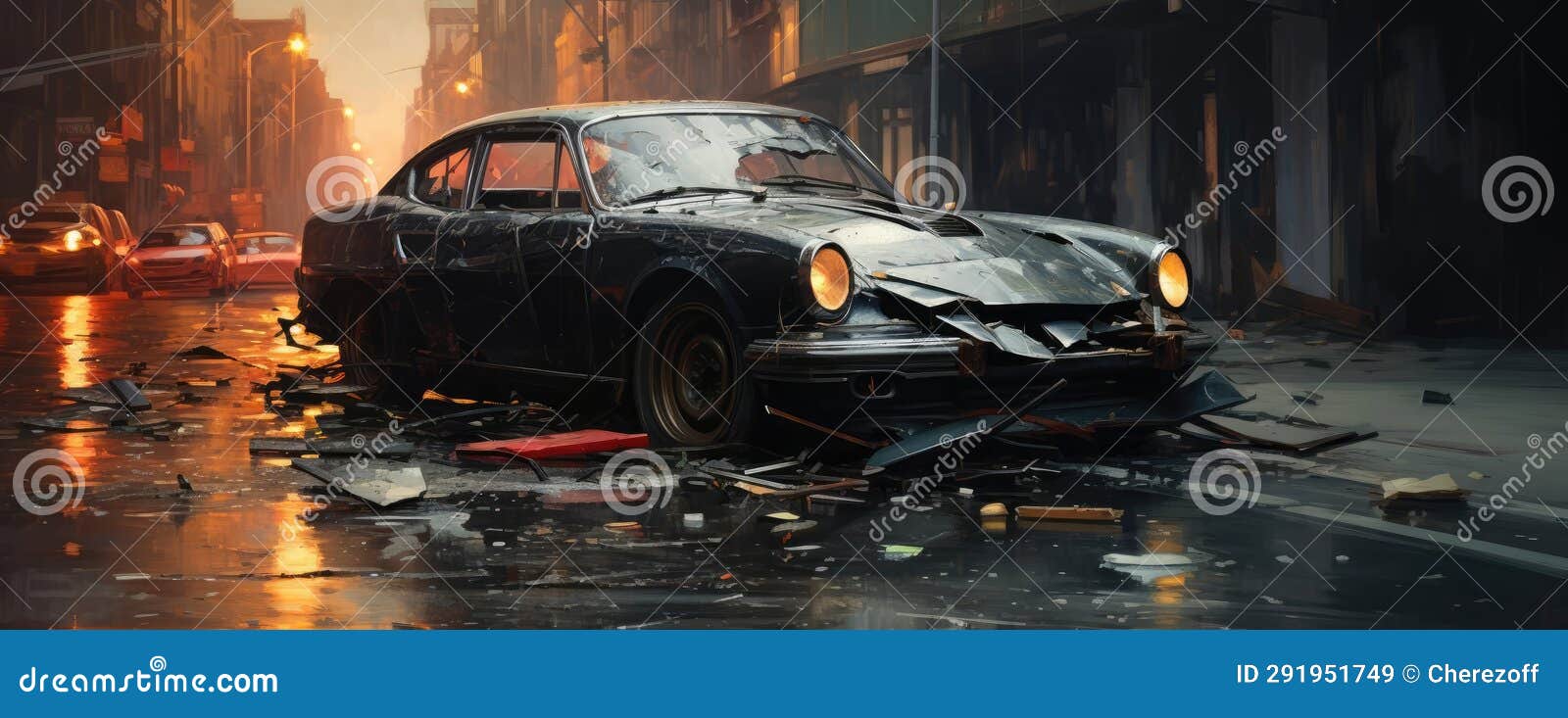 A Car Wrecked in a Road Accident Stock Illustration - Illustration of ...