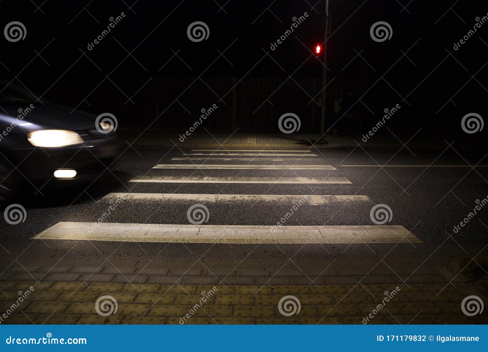 Car at Zebra Crosswalk at Night , Red Light Stock Photo - Image of ...
