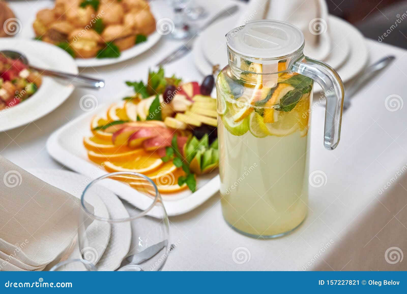Carafe with Delicious Cool Lemonade Stands on a Table in a Restaurant ...