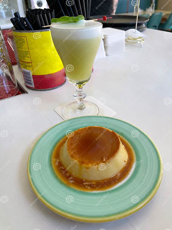 Caramel Flan with Drink 01 stock image. Image of white - 345184977