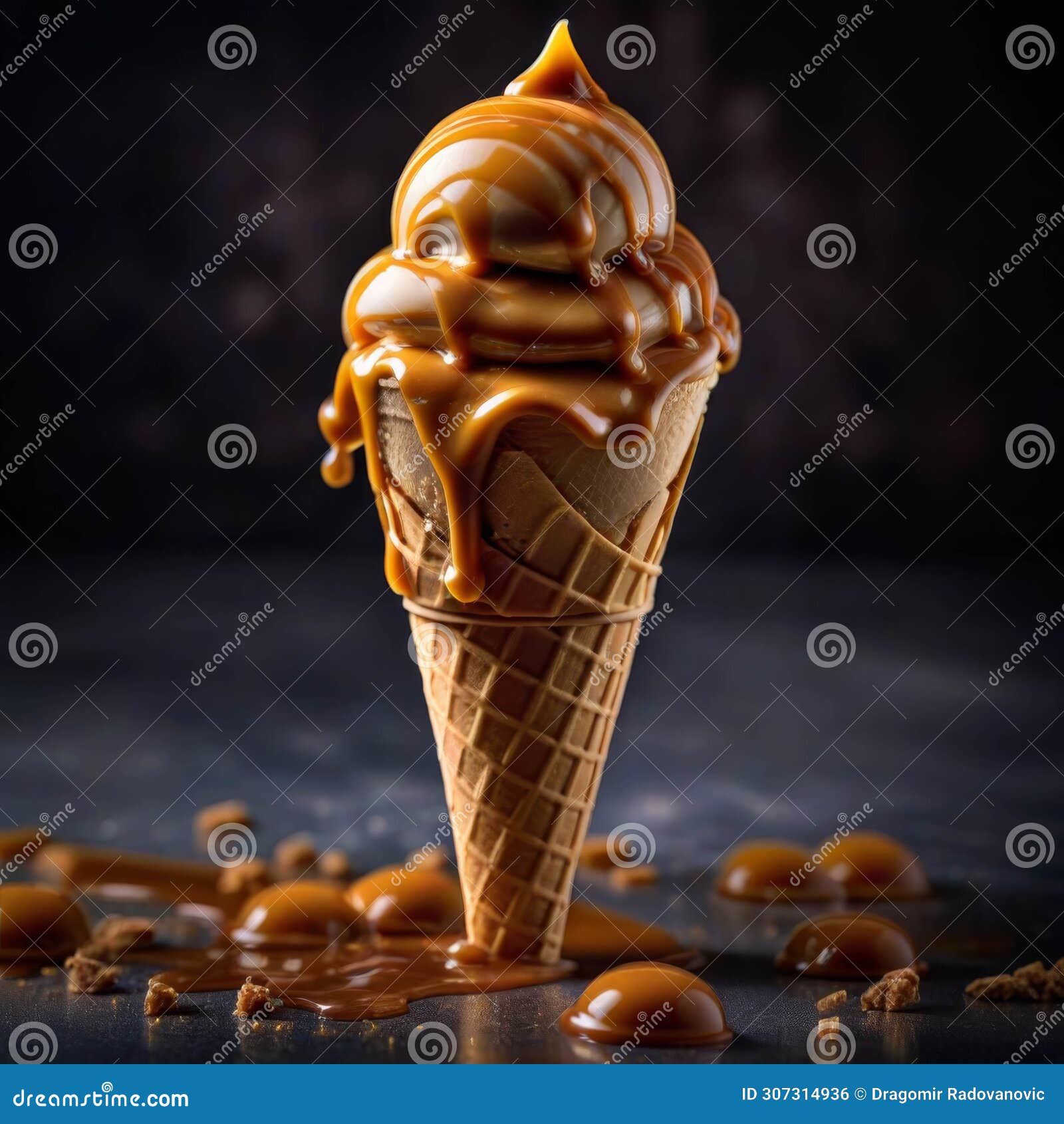 Caramel Ice-cream in Cone Standing on the Table Stock Illustration - Illustration of snack ...