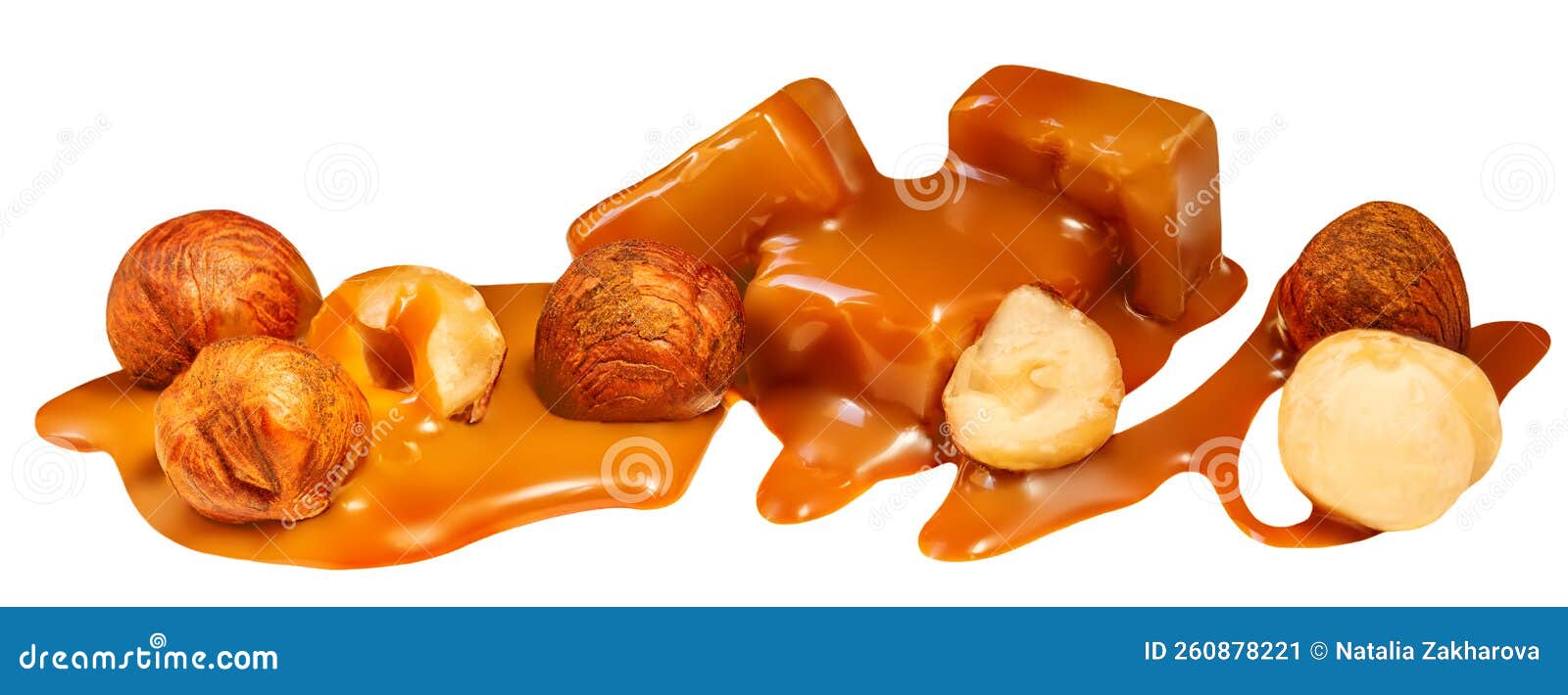 Caramel with Nuts and Sauce Flowing on Caramel Candy Isolated on White ...