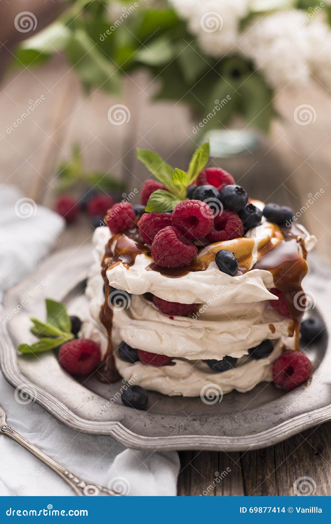 Caramel Pavlova Cake stock photo. Image of berry, blueberry - 69877414