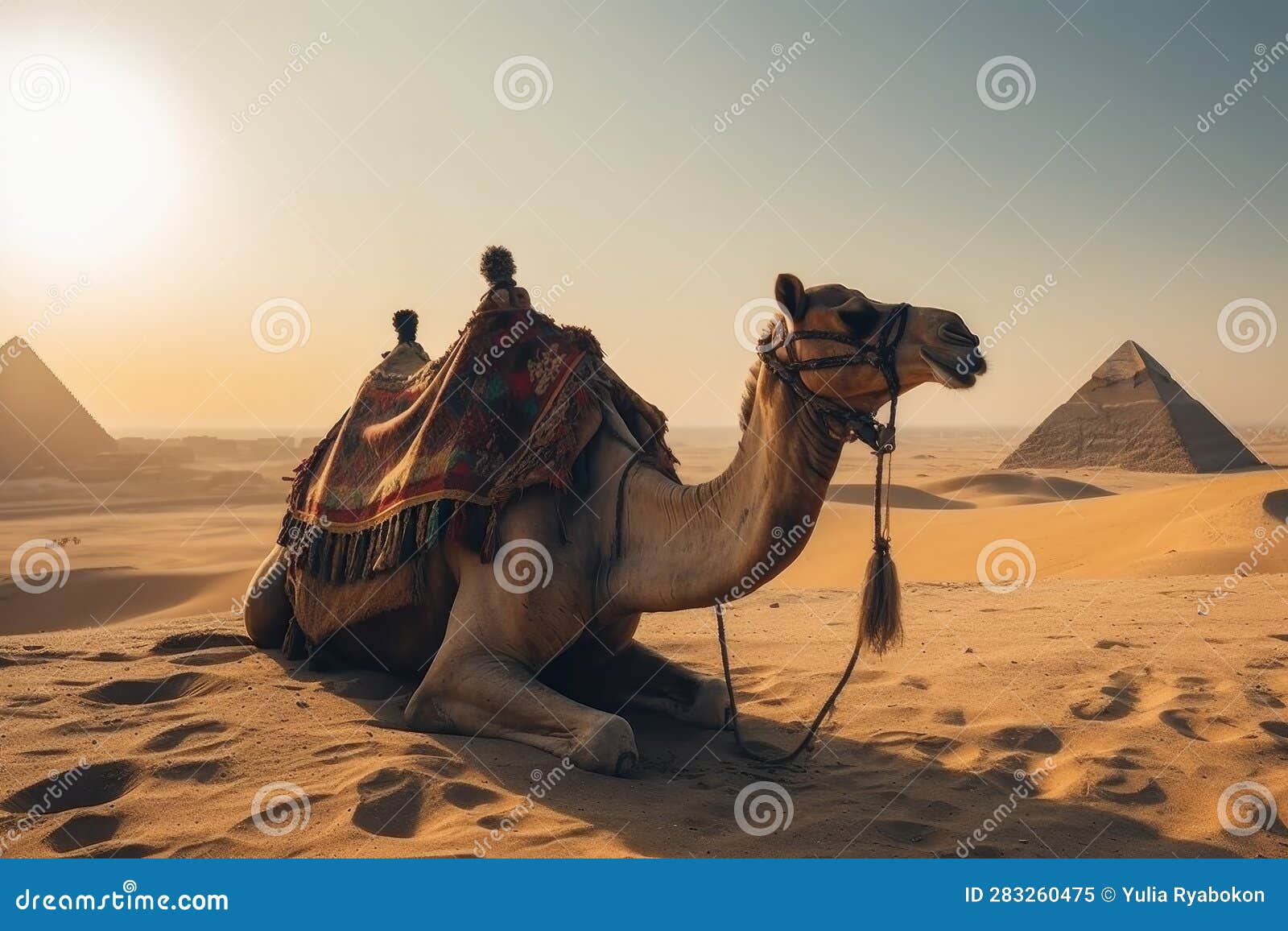 Caravan Of Camel Pass Pyramid,landmark Of Egypt On Sunset Time,yellow ...