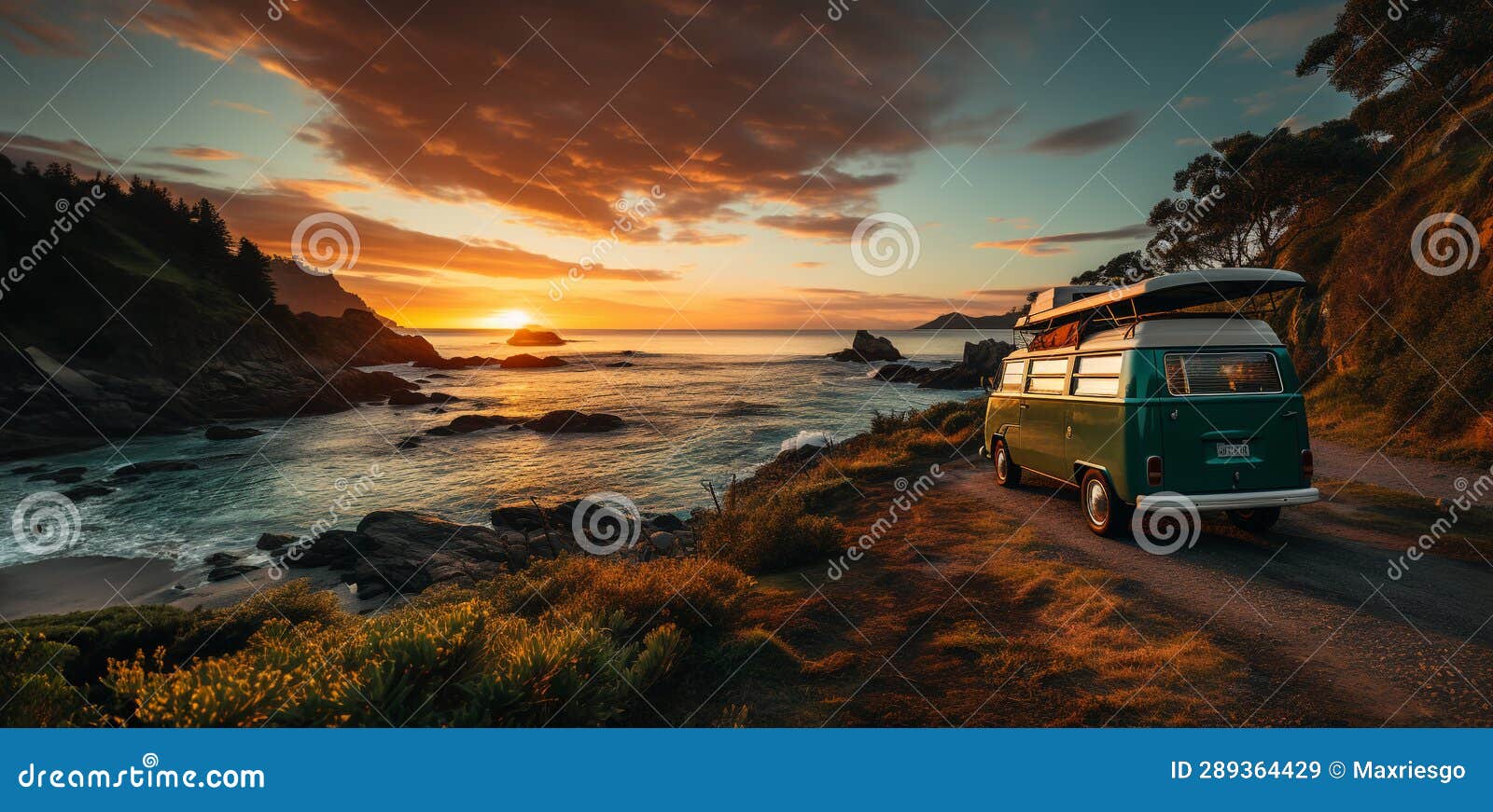 A Caravan Parked on a Cliff at Sunset Overlooking the Sea Stock ...