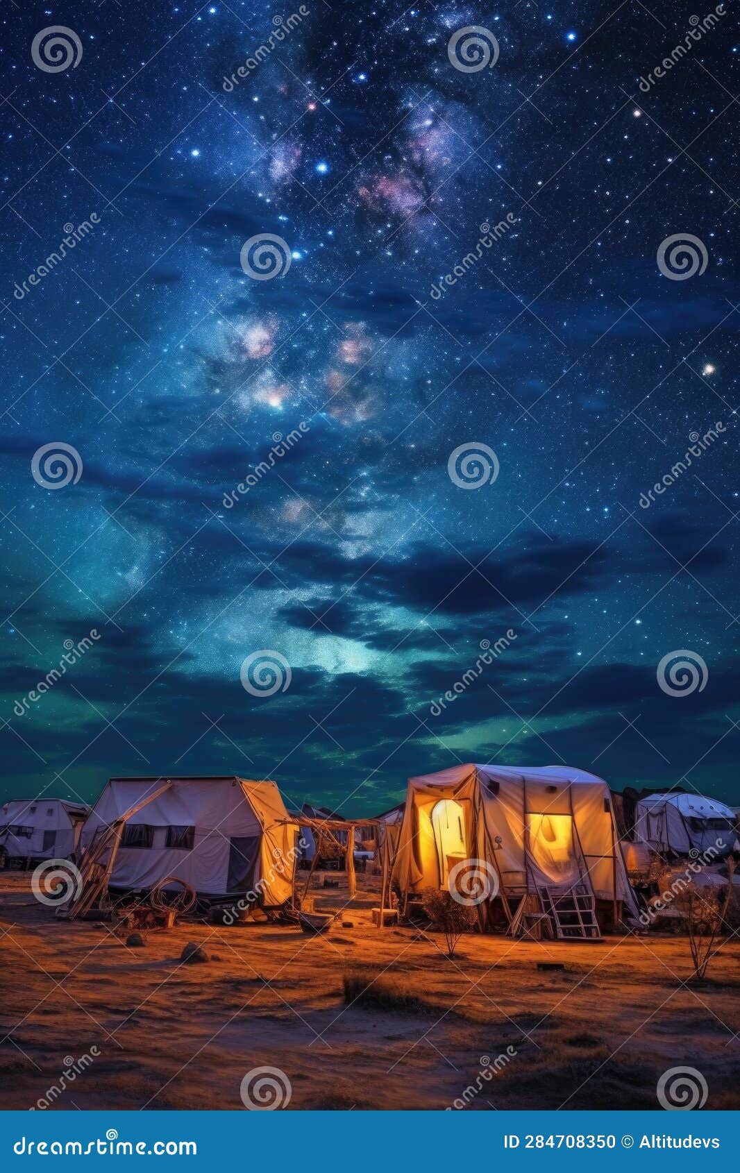 Caravans Campsite Under the Starry Night Sky Stock Illustration ...