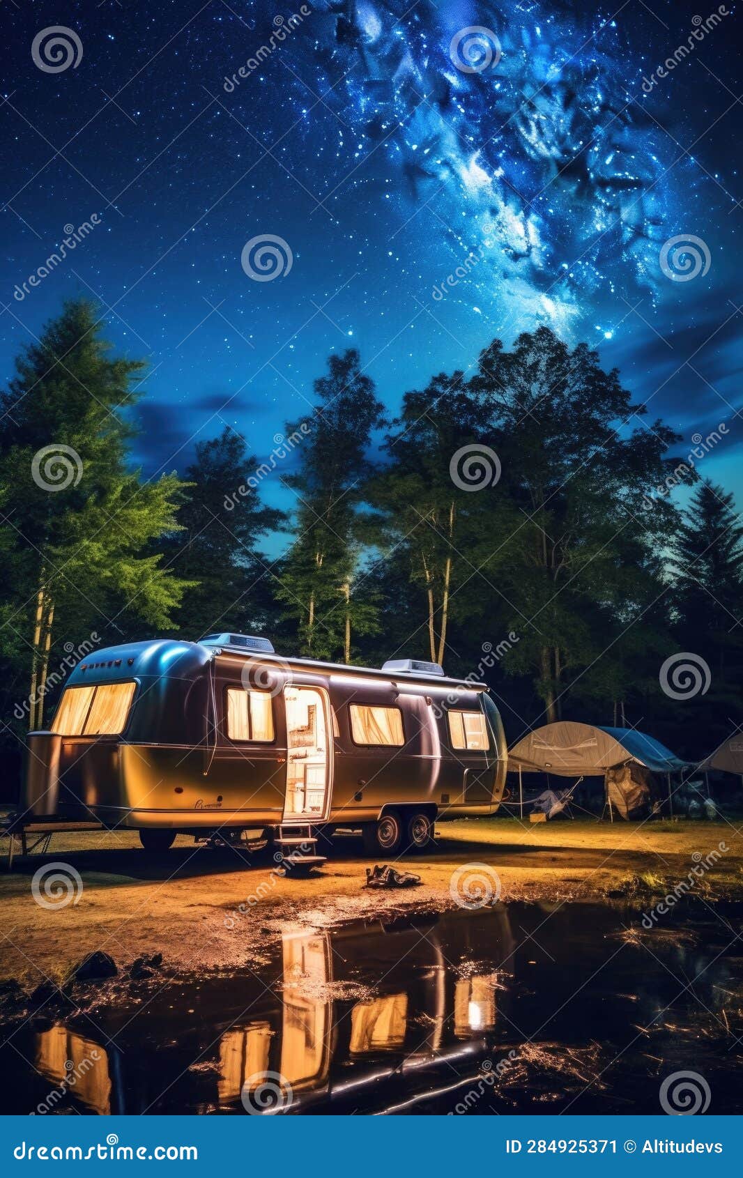 Caravans Campsite Under the Starry Night Sky Stock Image - Image of ...