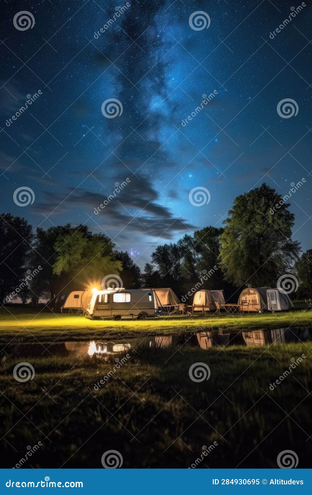 Caravans Campsite Under The Starry Night Sky Stock Image ...