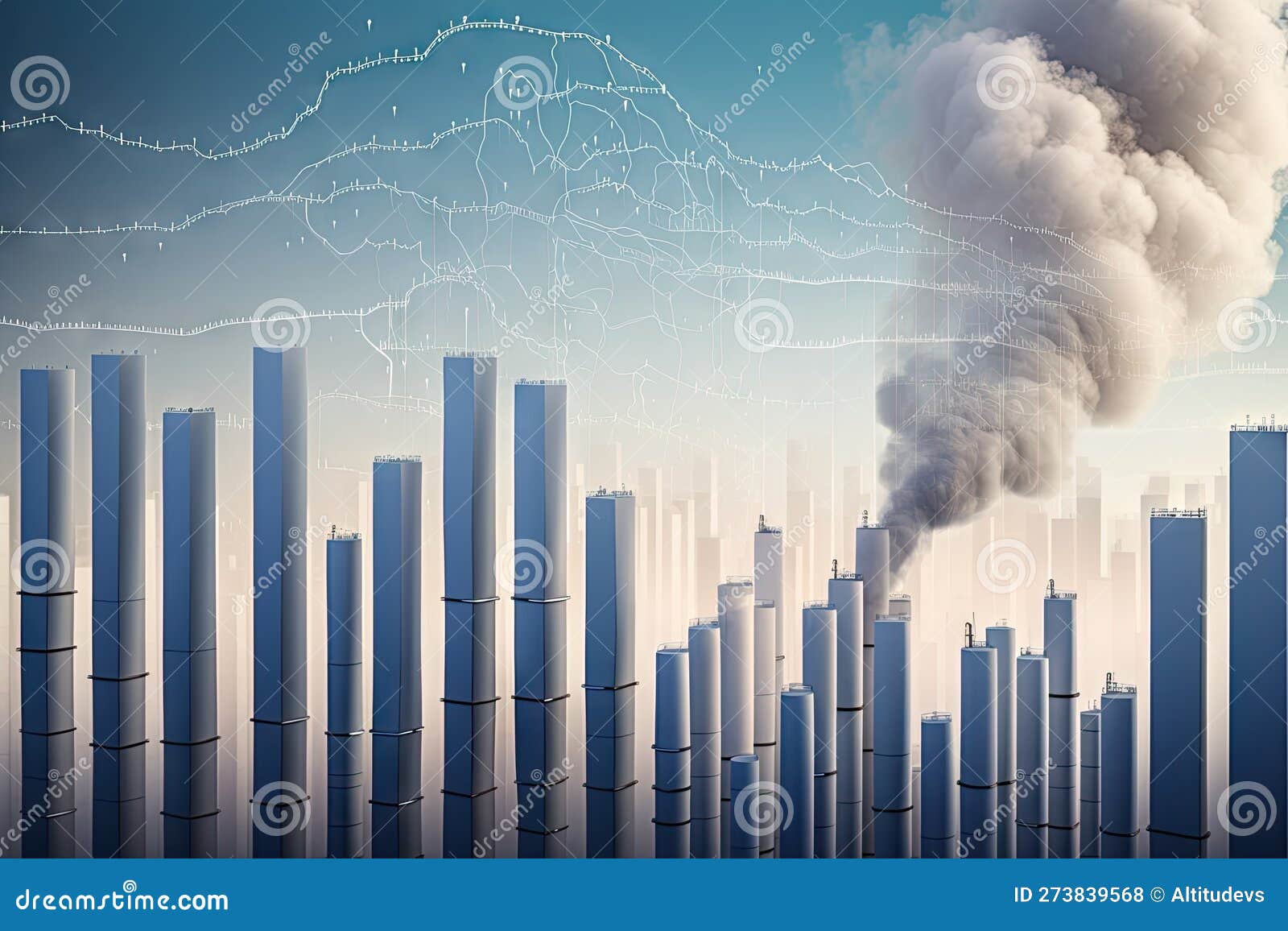 Carbon Dioxide Emissions Visualization, with Columns of Co2 Rising from ...
