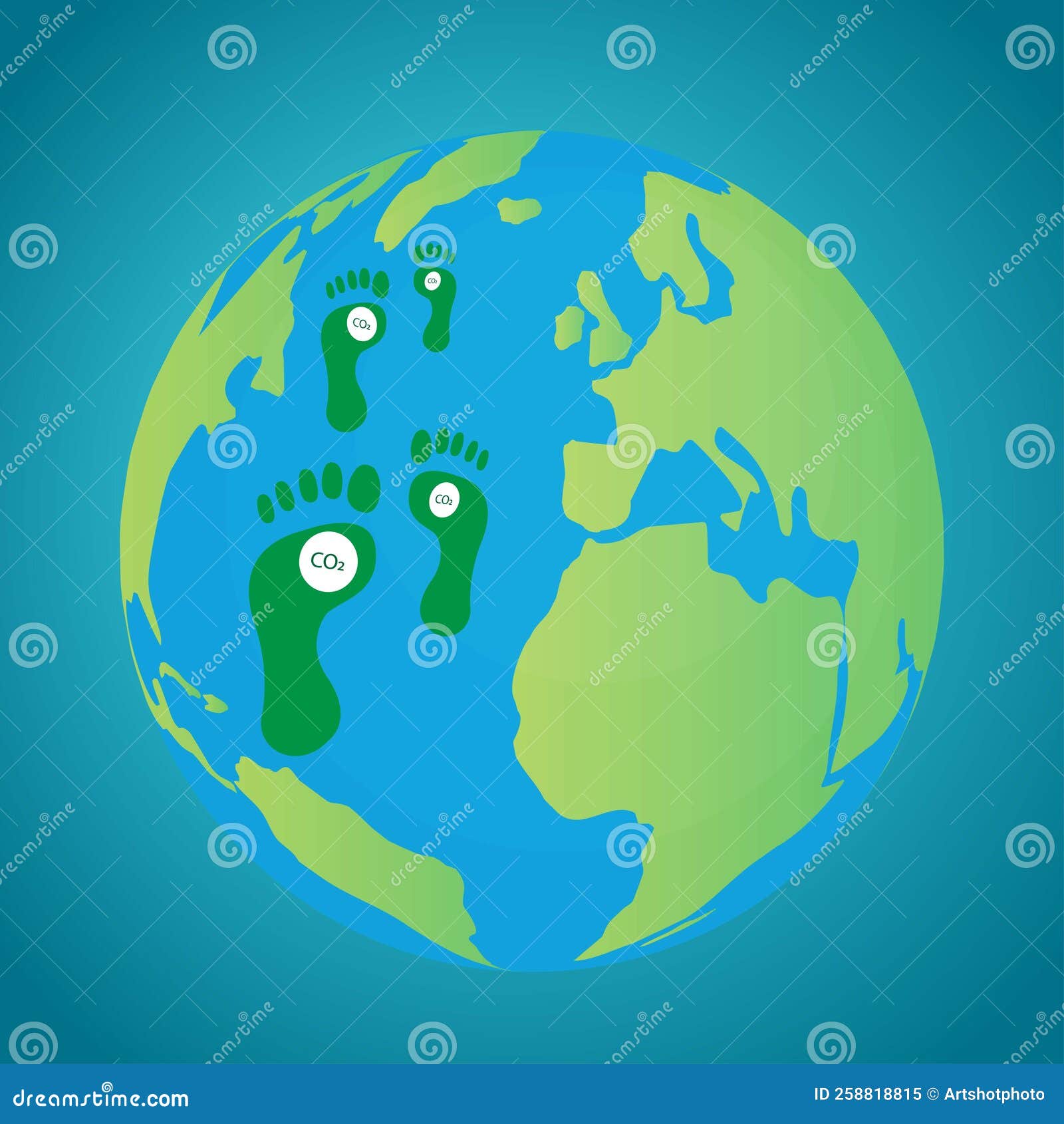 Row of Green Human Footprints Walking Over the Earth Globe, Carbon ...