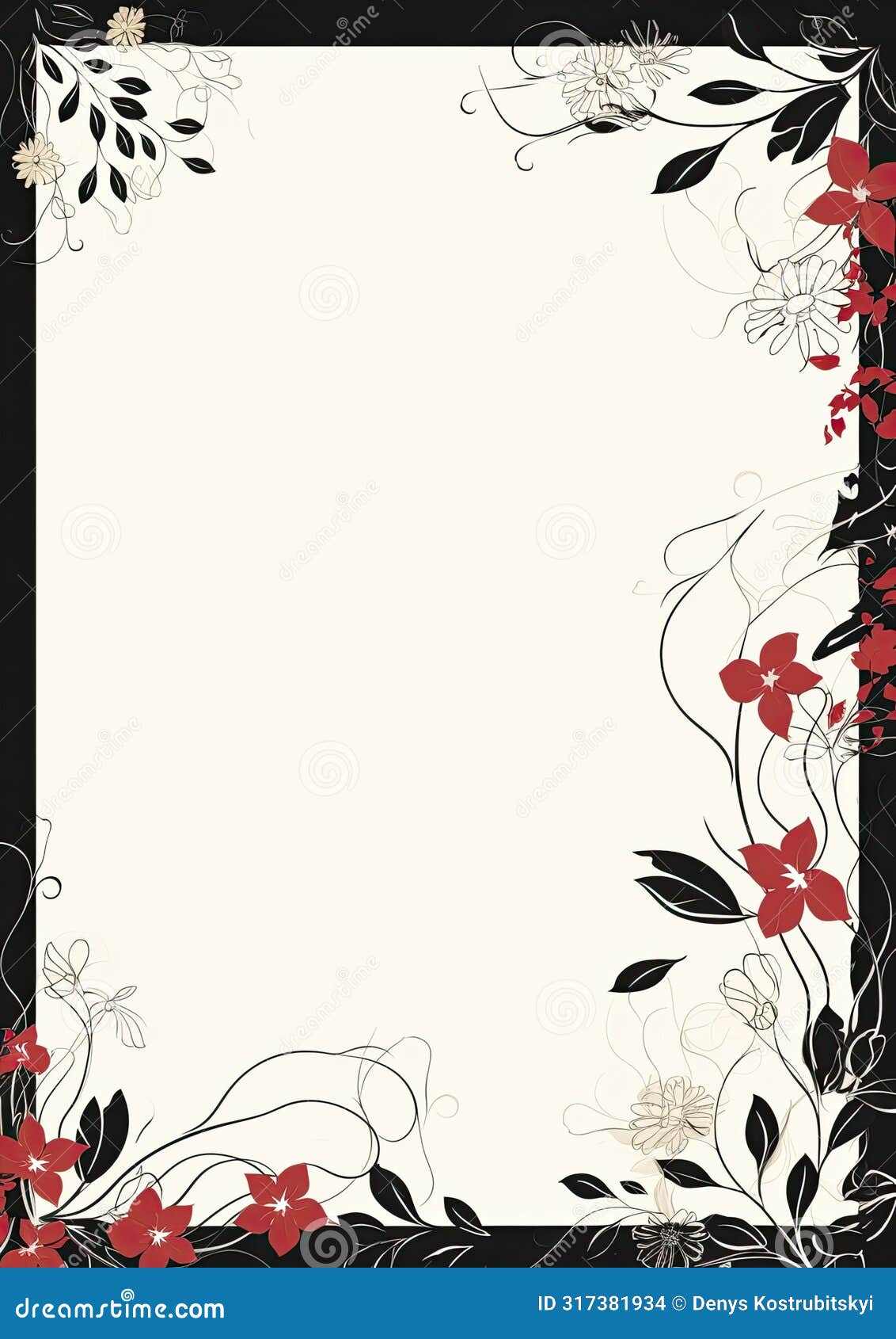 Card Border: Black and White Frame with Red Flowers Stock Illustration ...