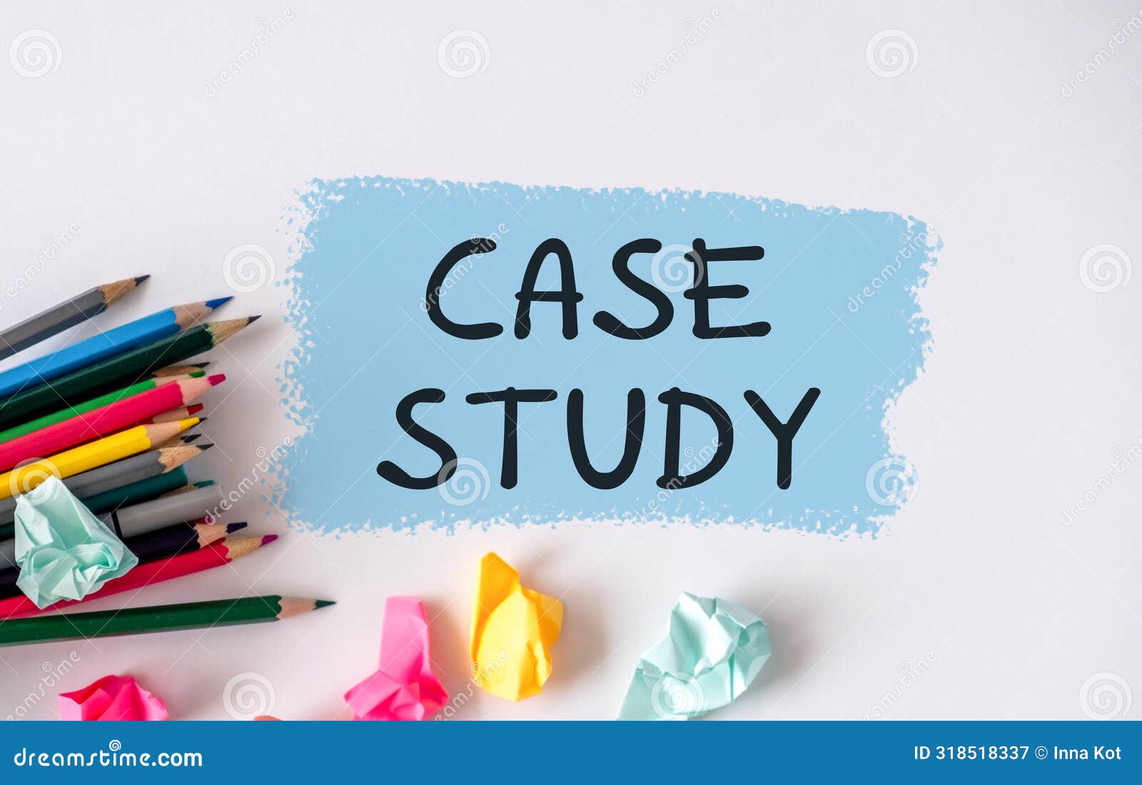 Card with Case Study Text on Blue Background with Office Items ...