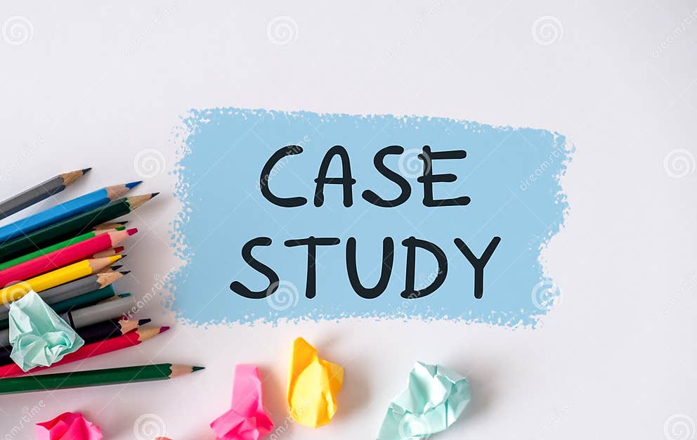 Card with Case Study Text on Blue Background with Office Items ...