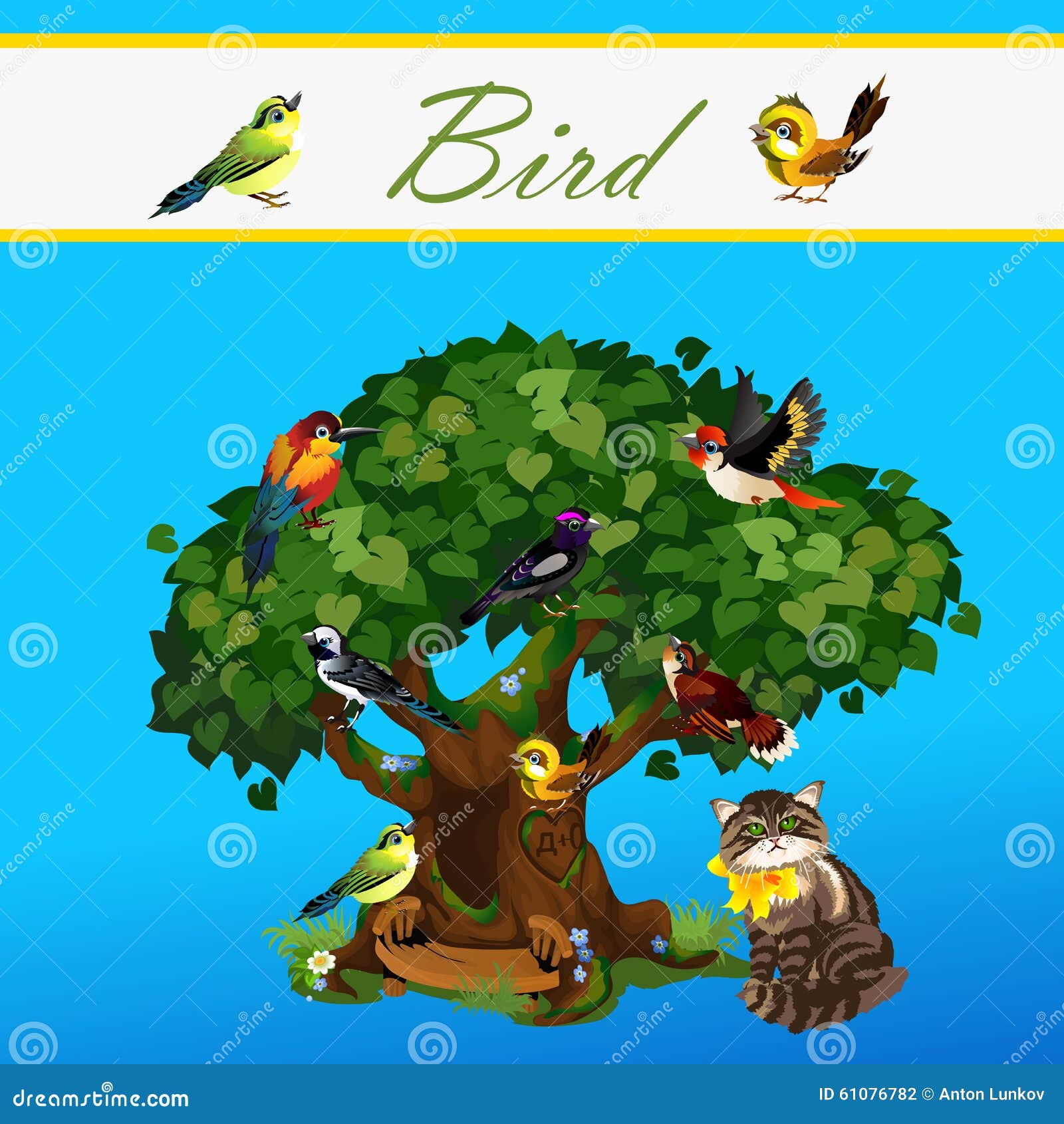 Card with Colorful Birds on the Tree and Cat Stock Vector ...