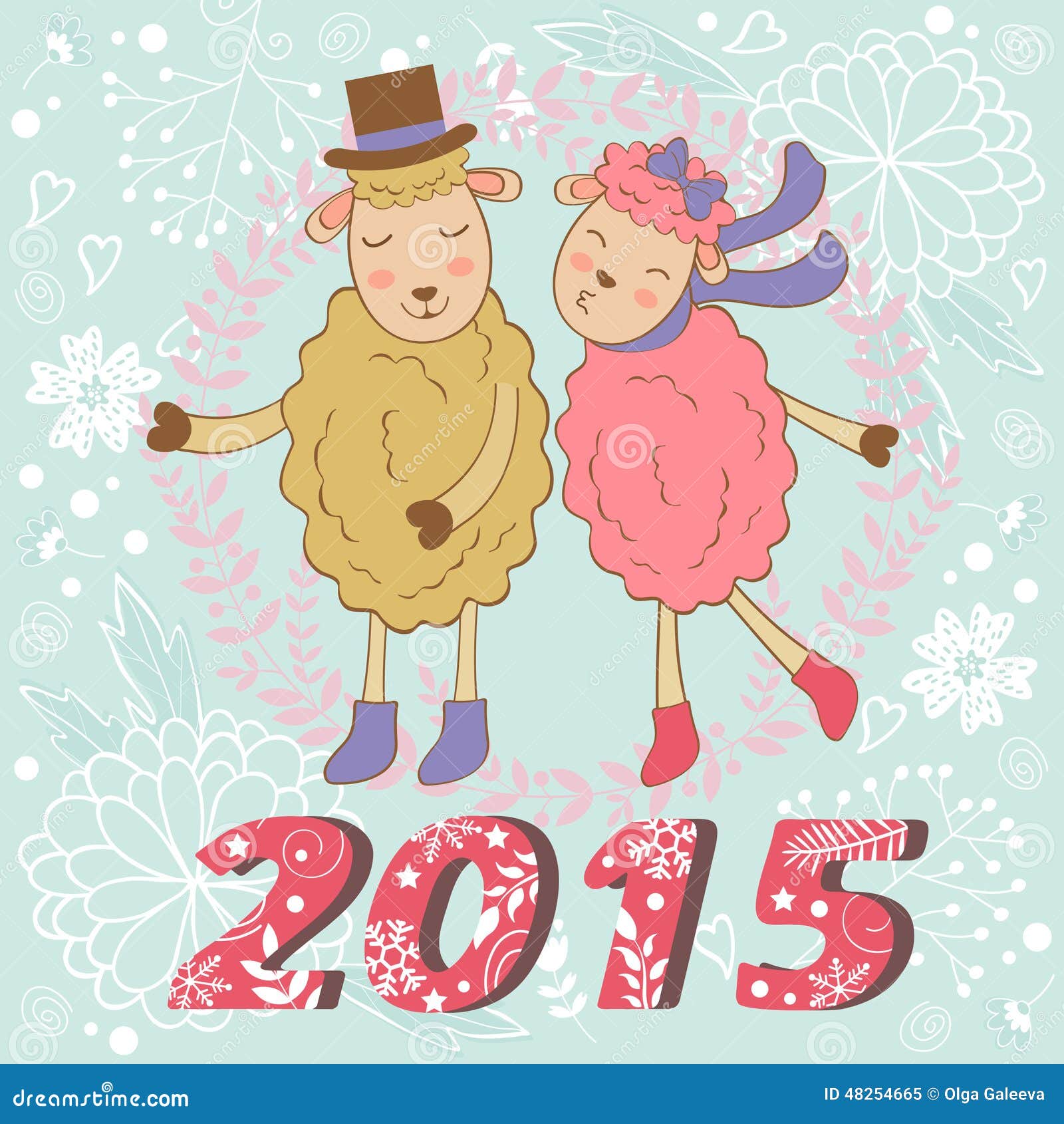 2015 Card with Cute Sheeps Couple Kissing Stock Vector - Illustration ...