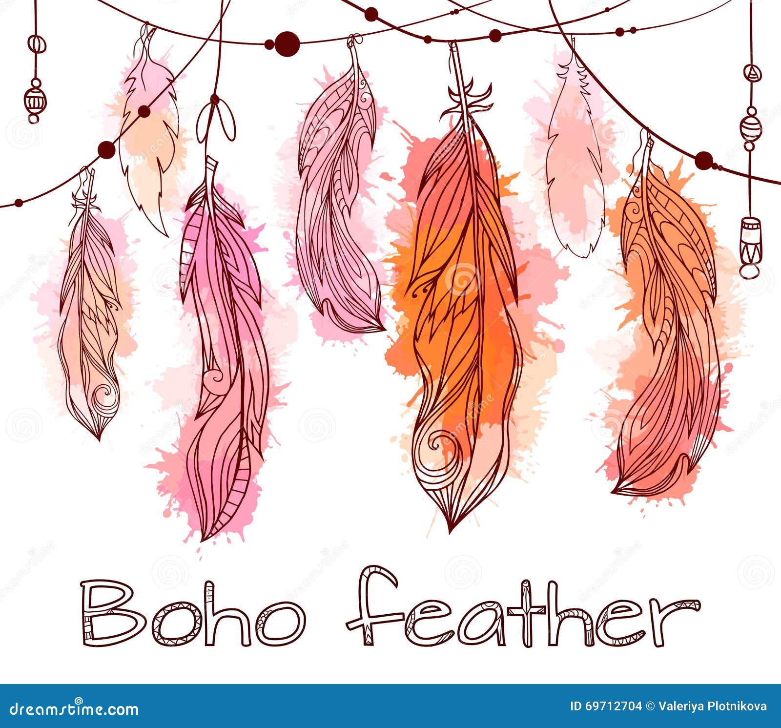 Card with Hanging Hand Drawn Feathers with Boho Pattern Stock Vector ...