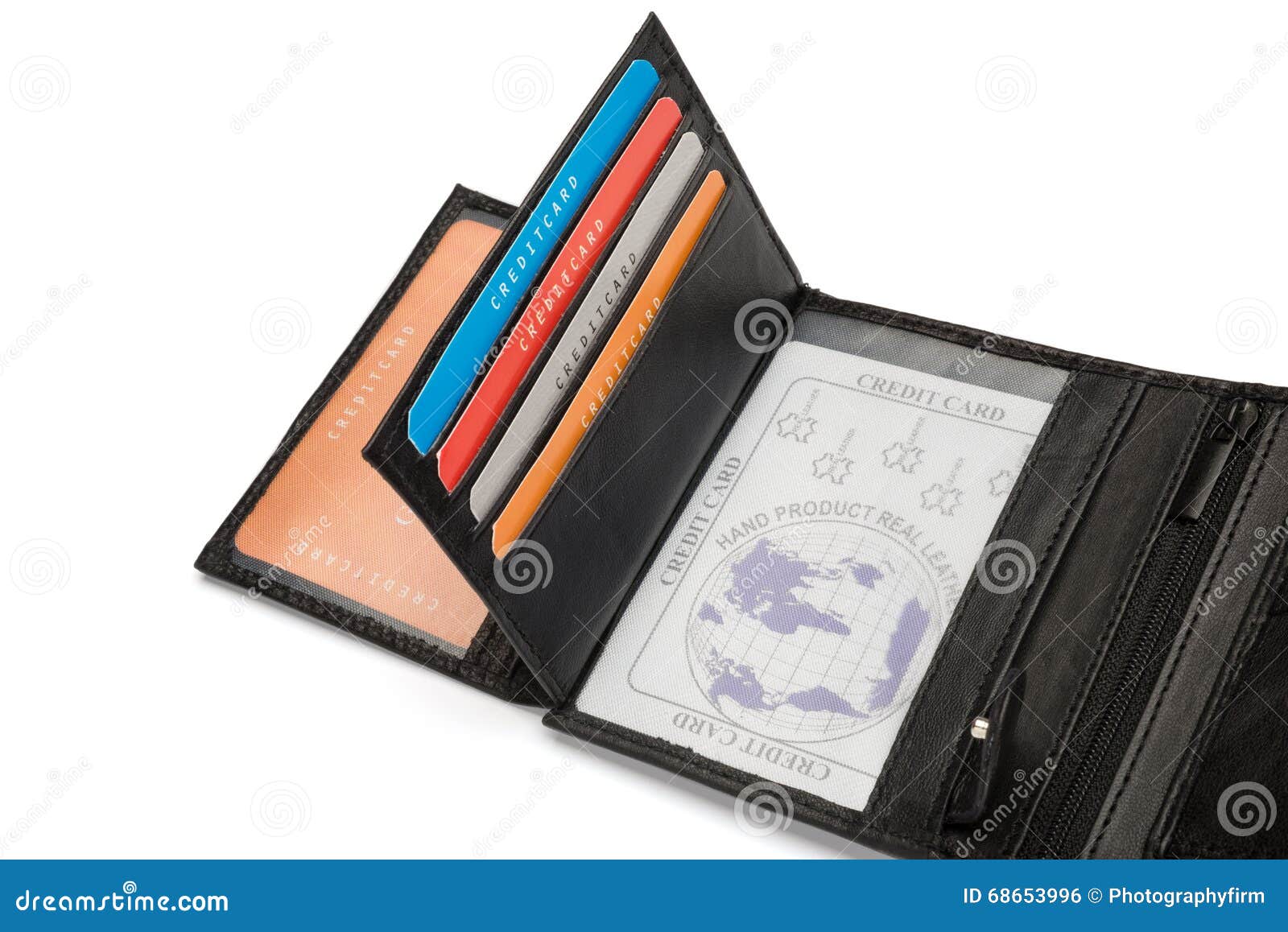 Card Holders and ID Window of Black Leather Wallet Stock Photo - Image ...