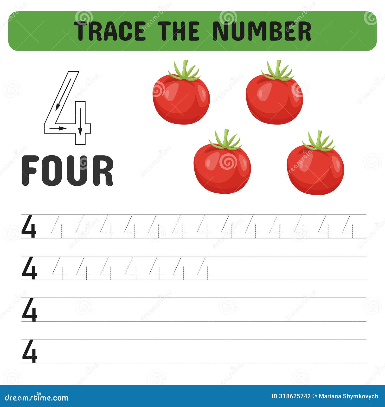 Card for Learning Numbers with Tomatoes. Trace the Number.Educational ...