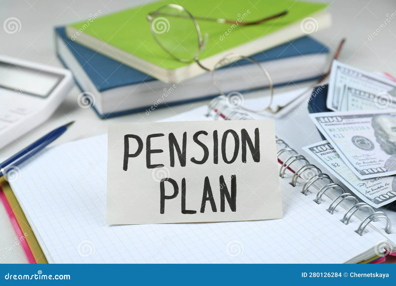 Card with Phrase Pension Plan, Notebook and Dollar Banknotes on Office ...