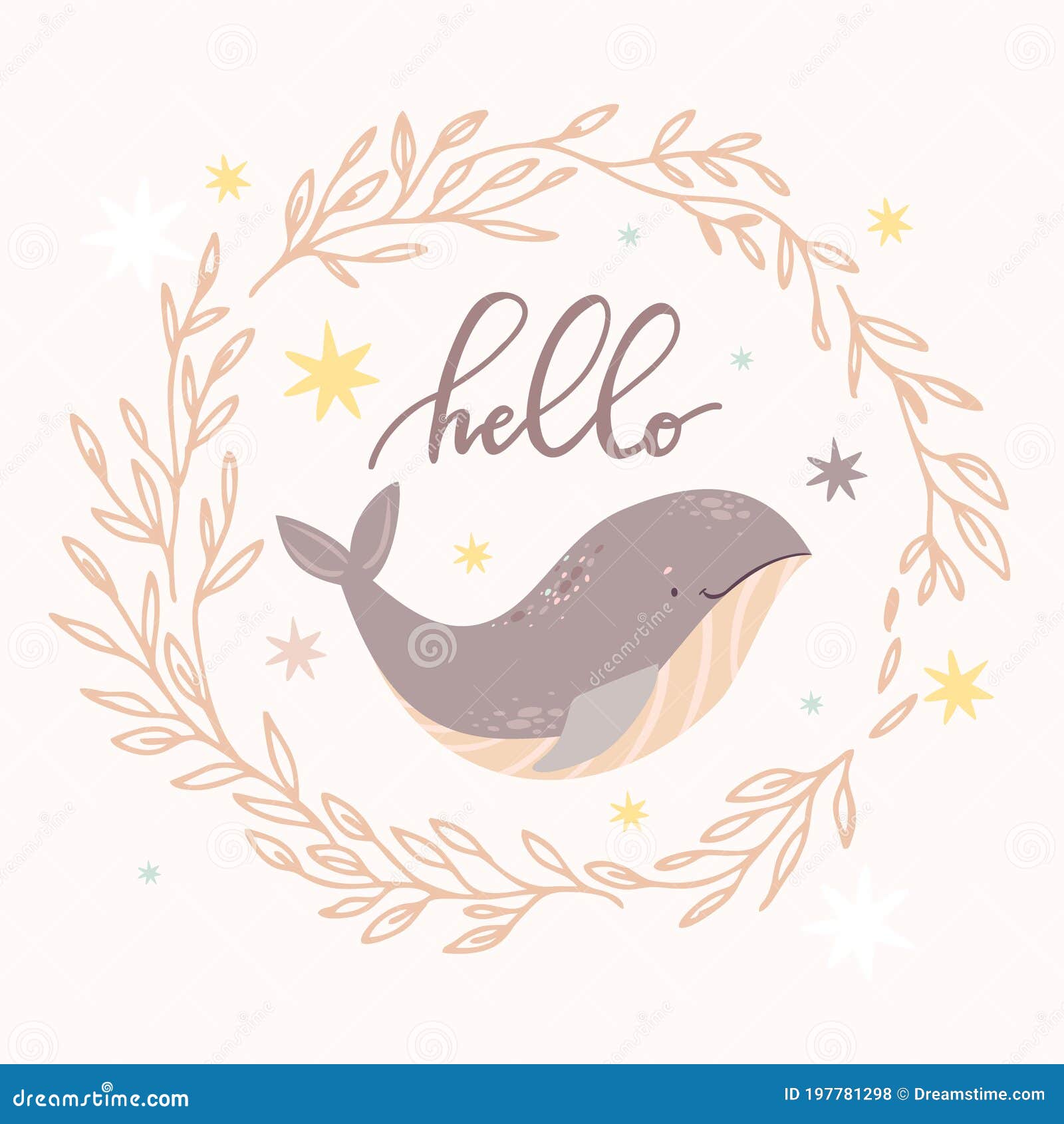 Vector Card Sea Whale Hello. Whale Print in Wreath and Stars Stock ...