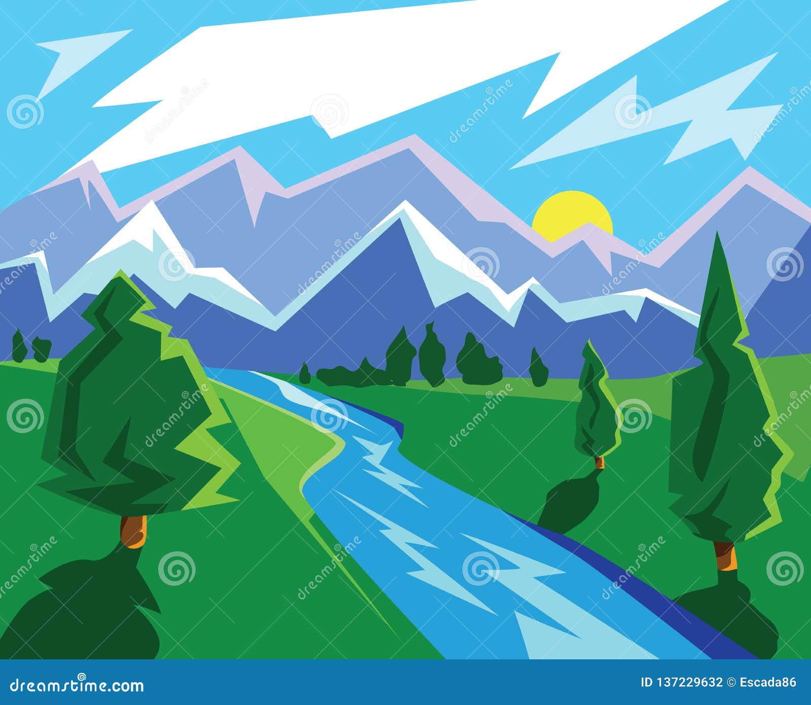 Card with a Sunny Stylized Landscape Stock Vector - Illustration of ...