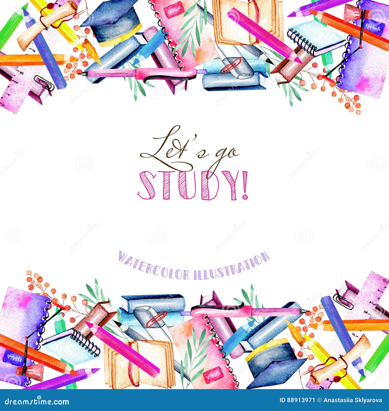 Card Template, Frame Border with Watercolor Stationery Objects Stock ...