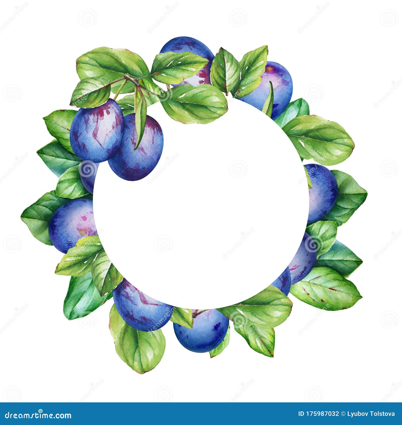 Round Frame with Watercolor Plum Tree Branches Stock Illustration ...