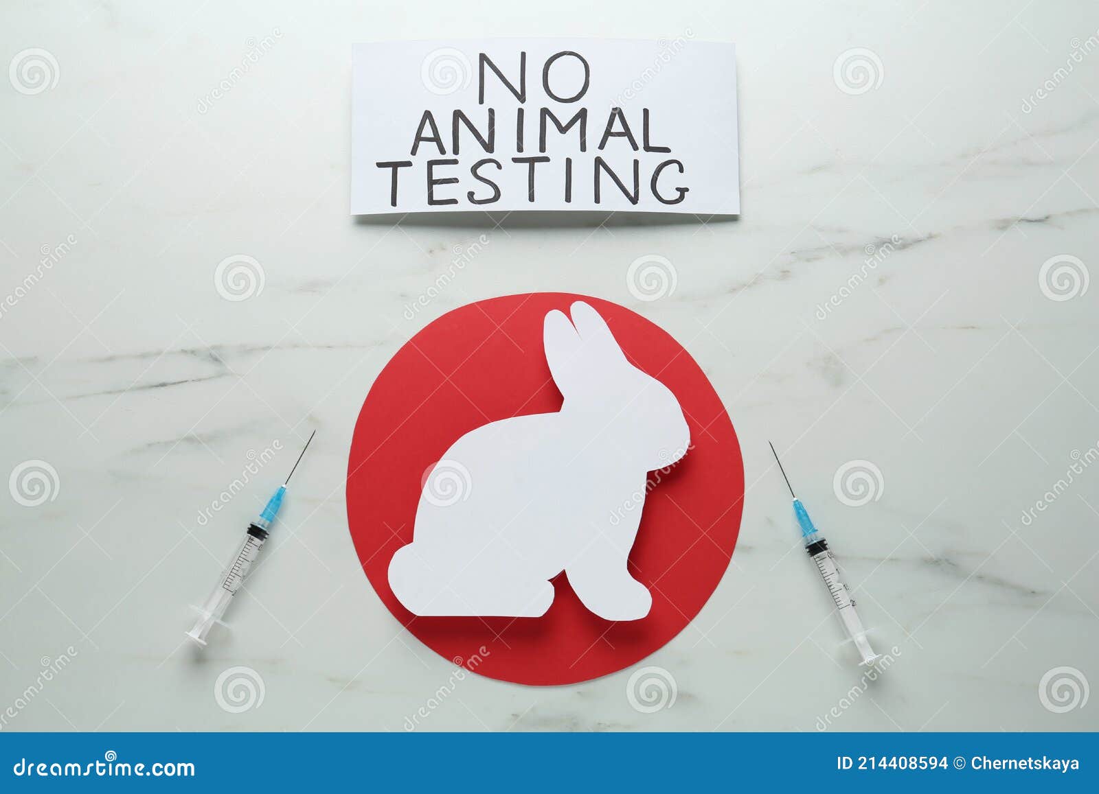Card with Text No Animal Testing and Figure of Rabbit on White Marble ...