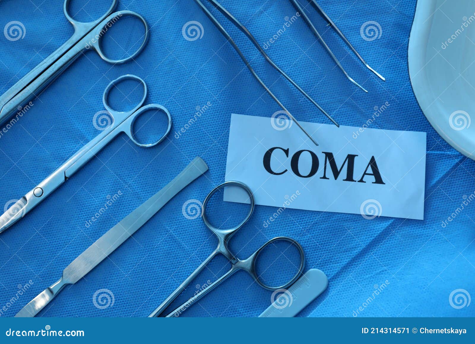 Card with Word Coma and Surgical Instruments on Table, Flat Lay Stock ...