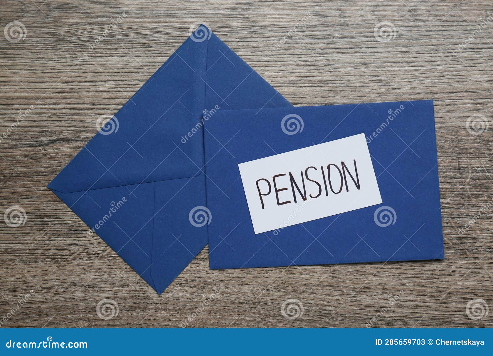 Card with Word Pension and Envelopes on Wooden Table, Flat Lay Stock ...