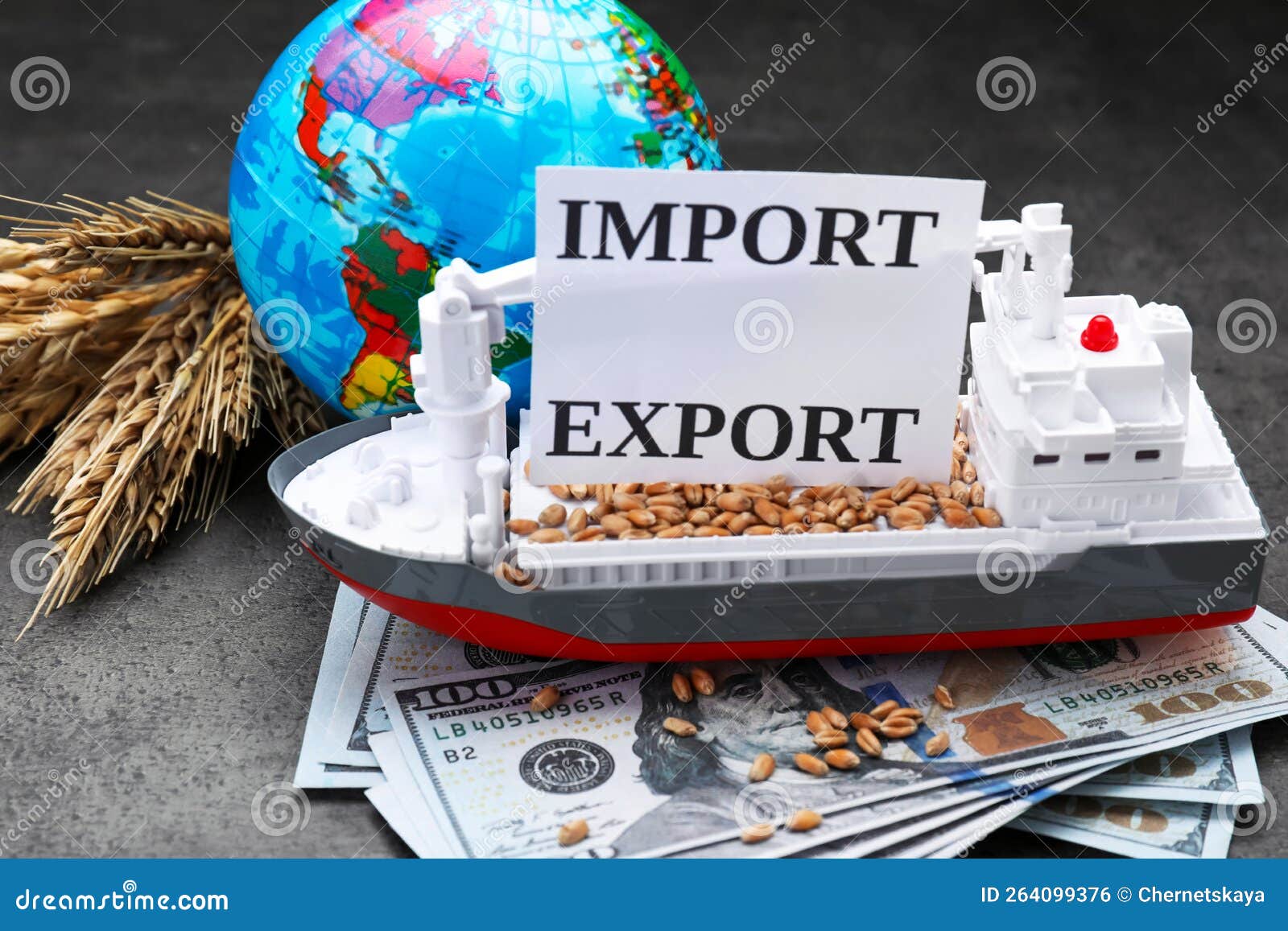 Card with Words Import and Export. Globe, Ears of Wheat and Toy Vessel ...