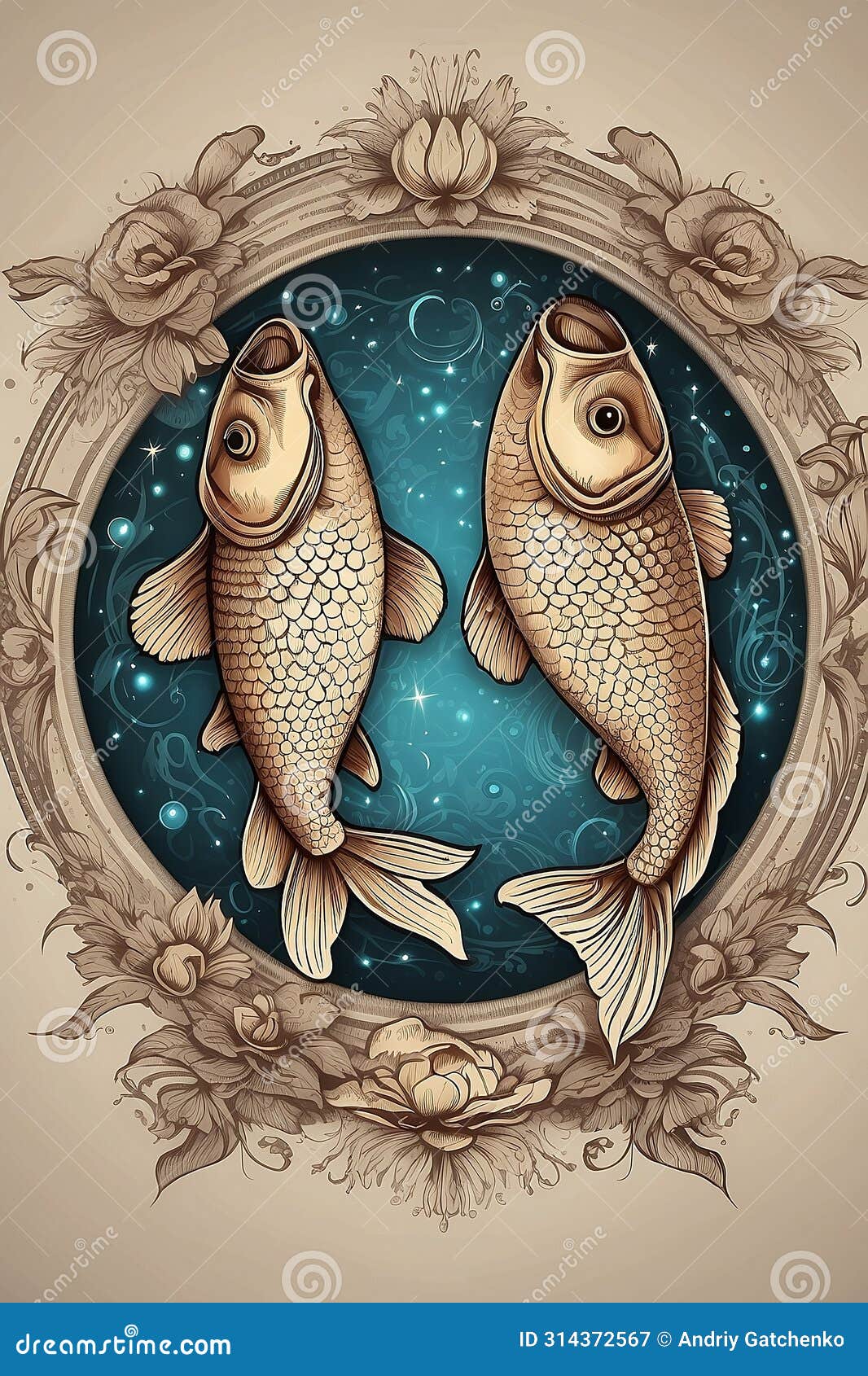 Card of the Zodiac Sign of Fish in Style of an Old Engraving Stock ...