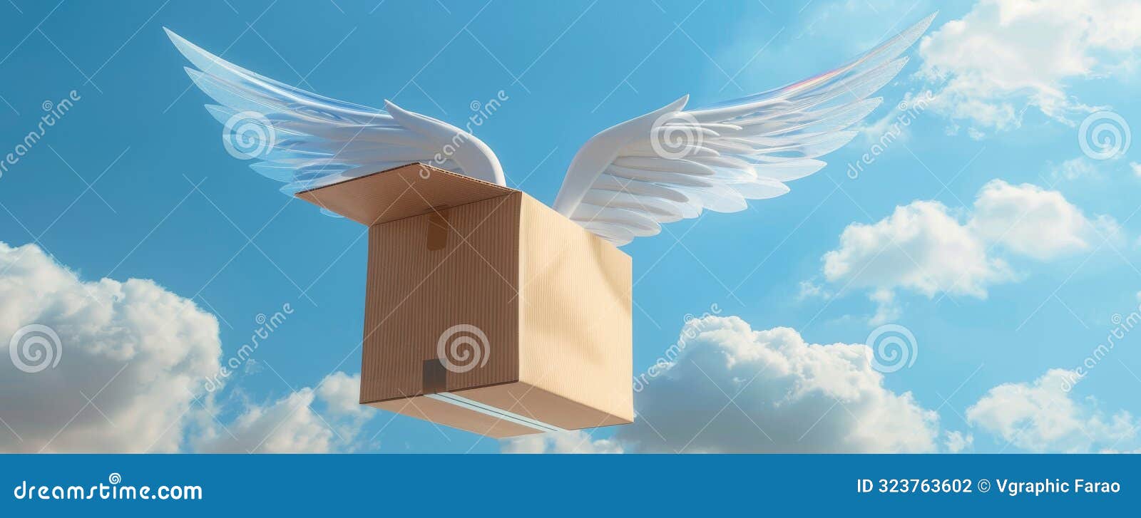 Cardboard Box with Angel Wings Flying in the Sky, Conceptual Image of ...