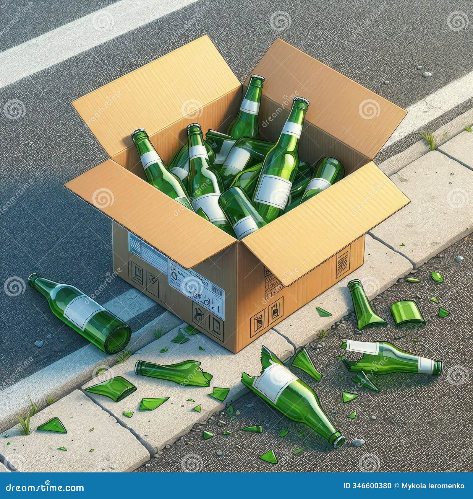 Cardboard Box with Broken Glass and Bottles. Stock Photo - Image of ...