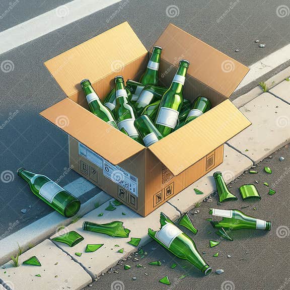 Cardboard Box with Broken Glass and Bottles. Stock Photo - Image of ...