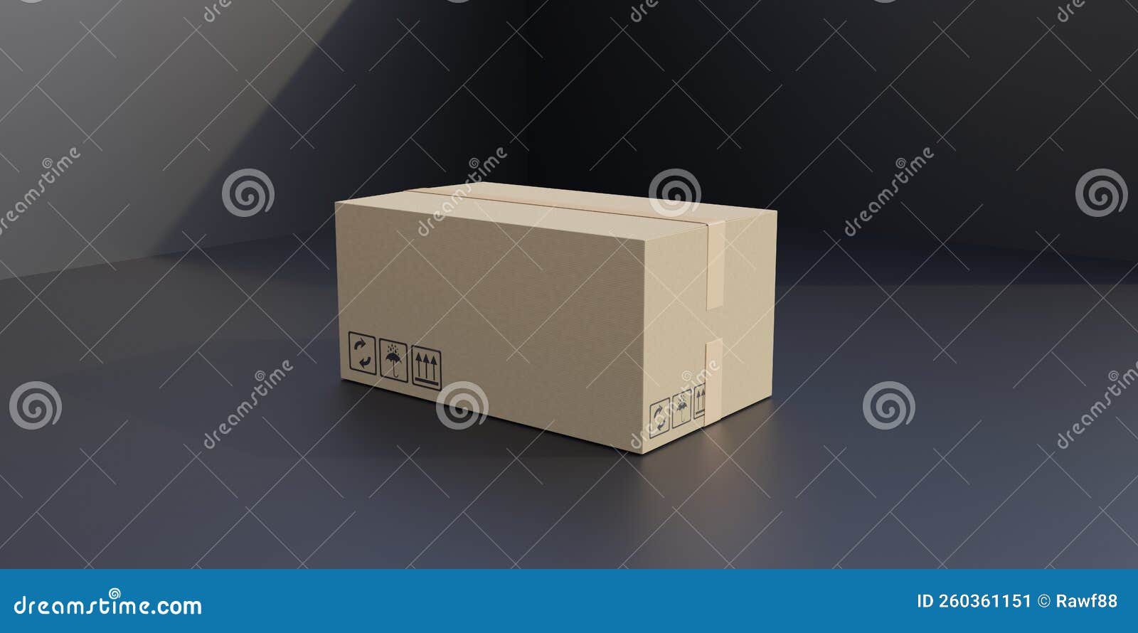 Cardboard Box Closed and Sealed with Tape on Grey Black Floor and Wall ...