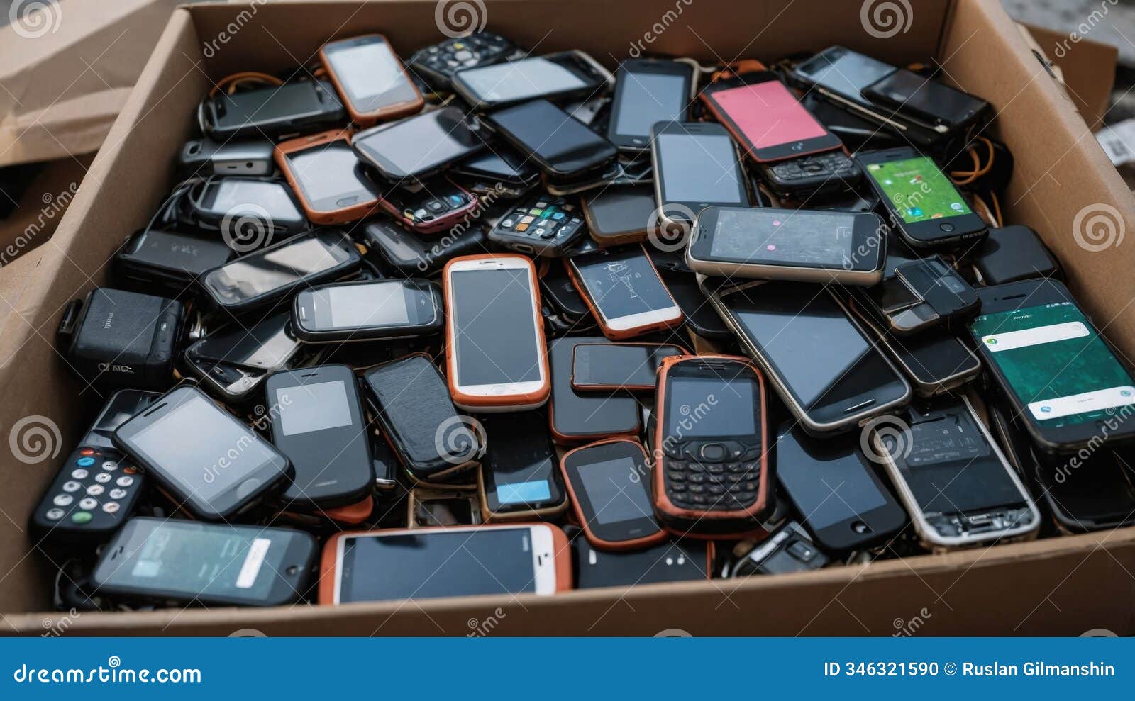 A Cardboard Box is Completely Filled with a Large Bunch of Cell Phones ...