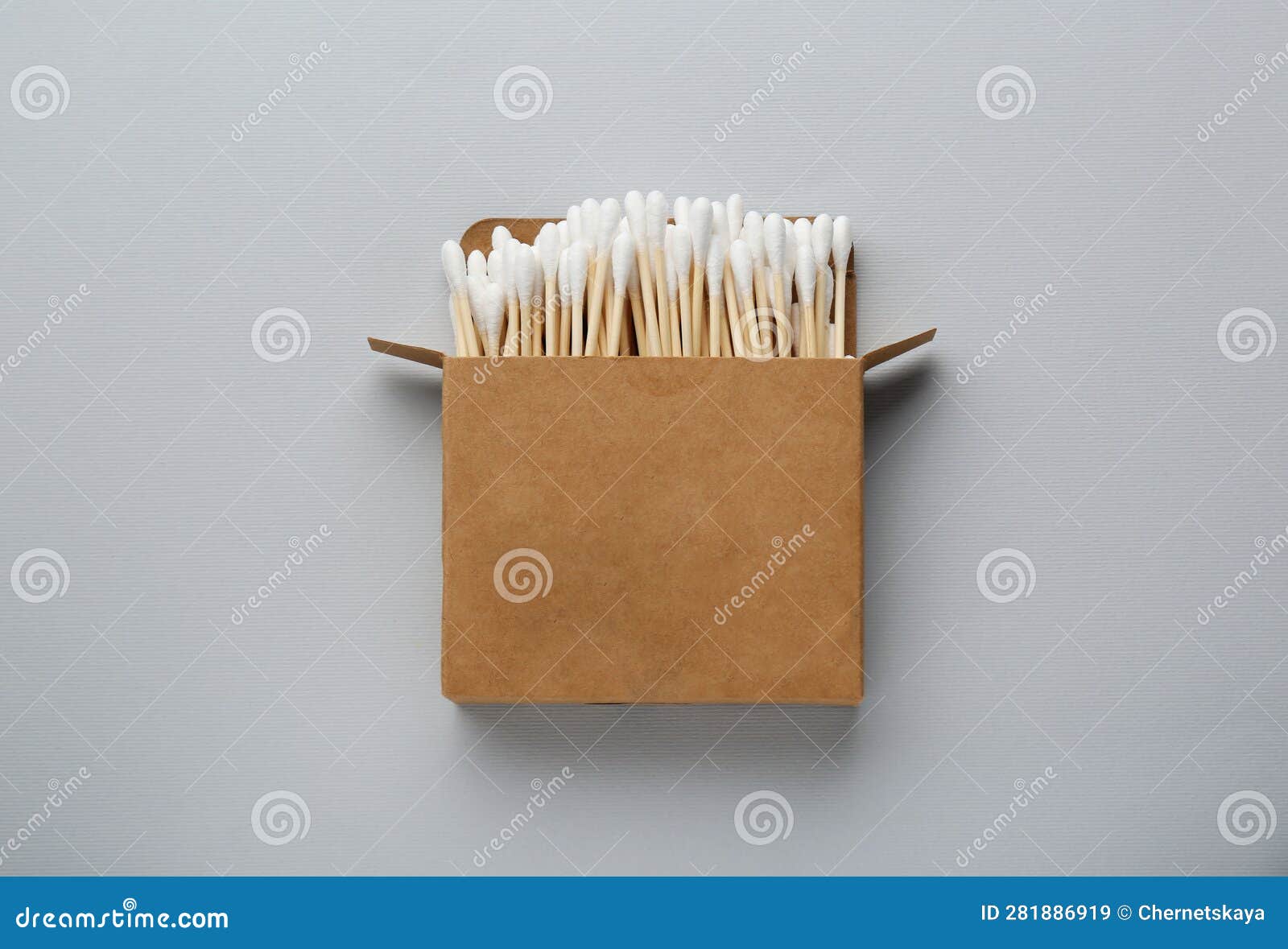Cardboard Box with Cotton Buds on Light Grey Background, Top View Stock ...