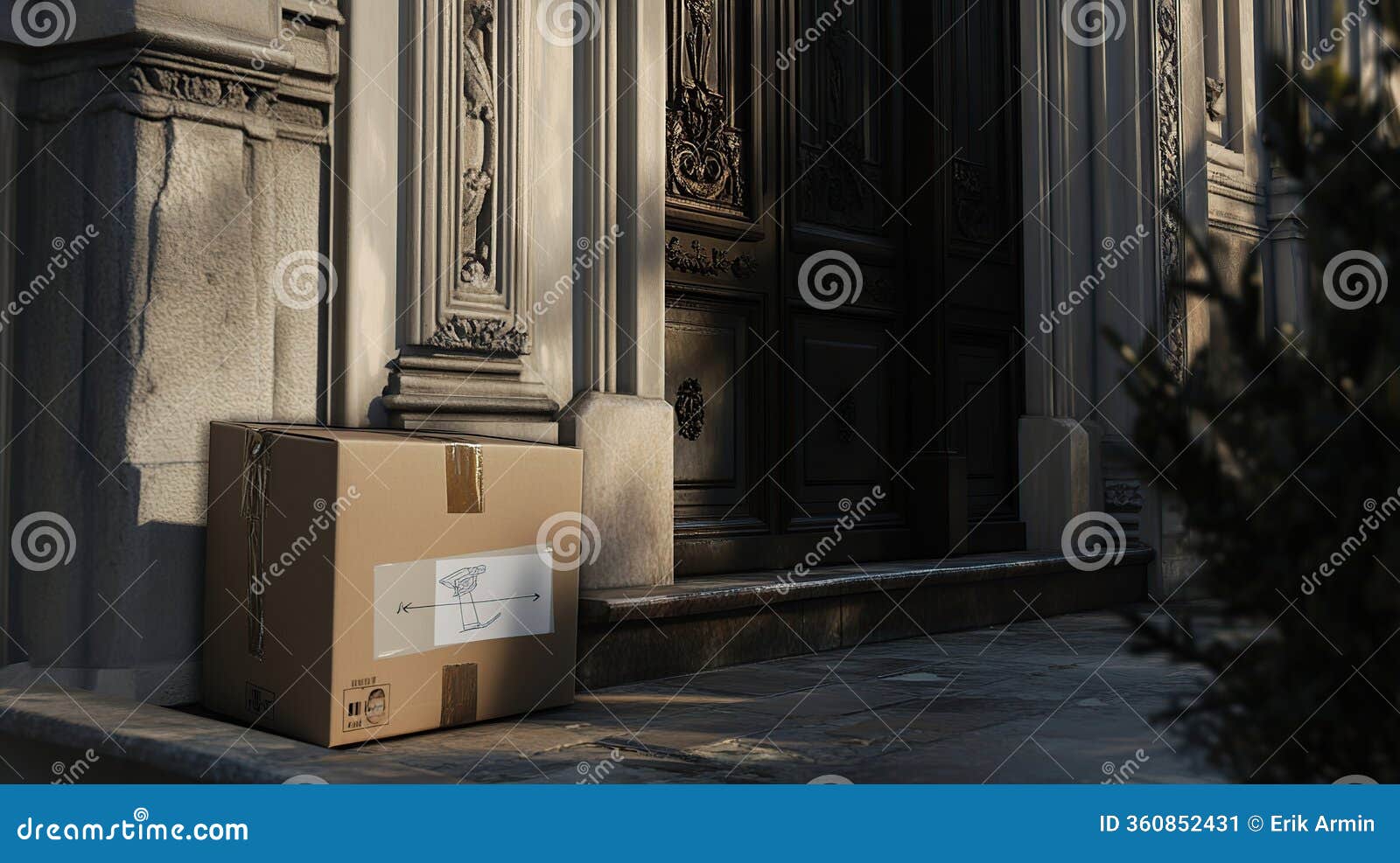Cardboard Box Delivery at Elegant Building Entrance Stock Image - Image ...