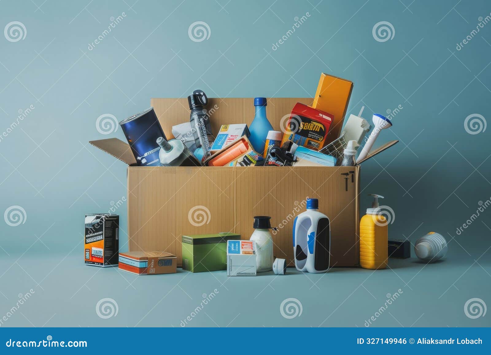 A Cardboard Box with Flying Objects from it. Various Items are Falling ...