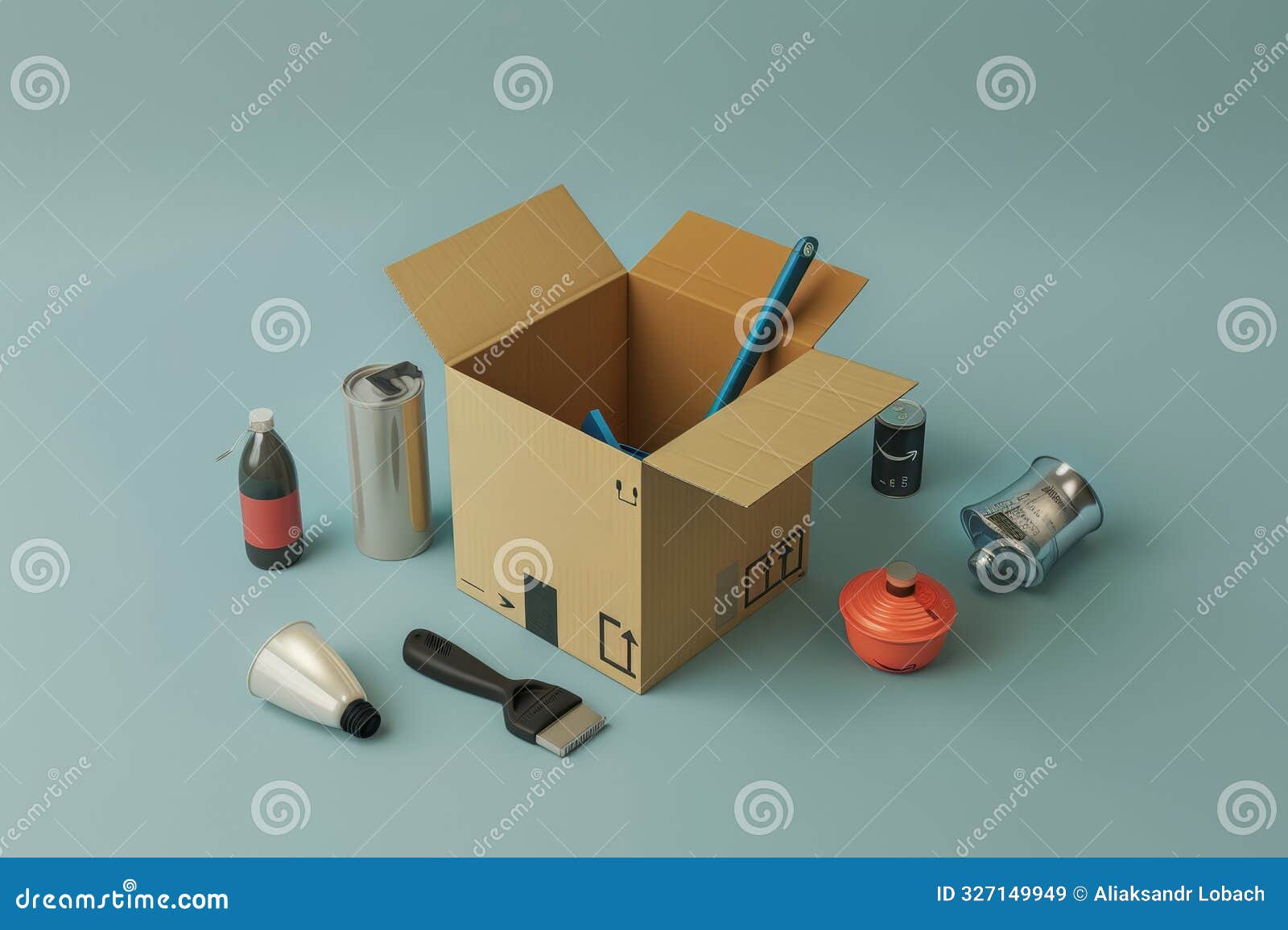 A Cardboard Box with Flying Objects from it. Various Items are Falling ...