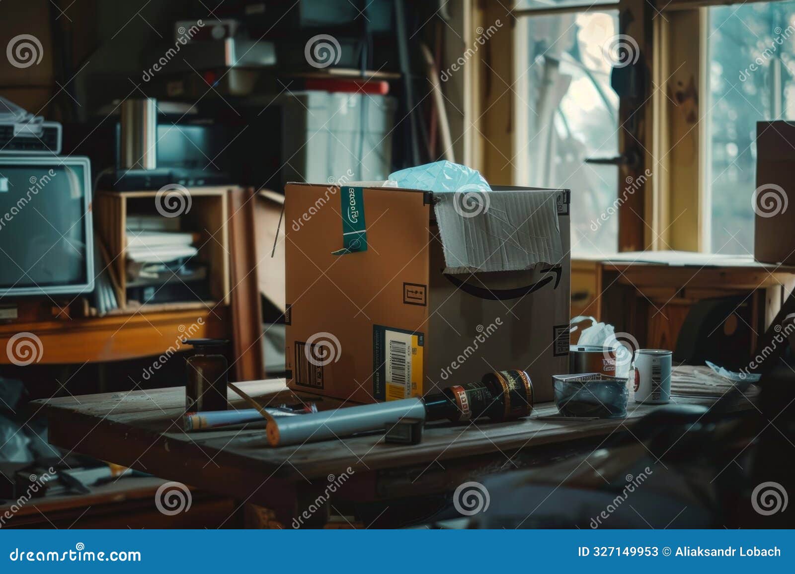 A Cardboard Box with Flying Objects from it. Various Items are Falling ...