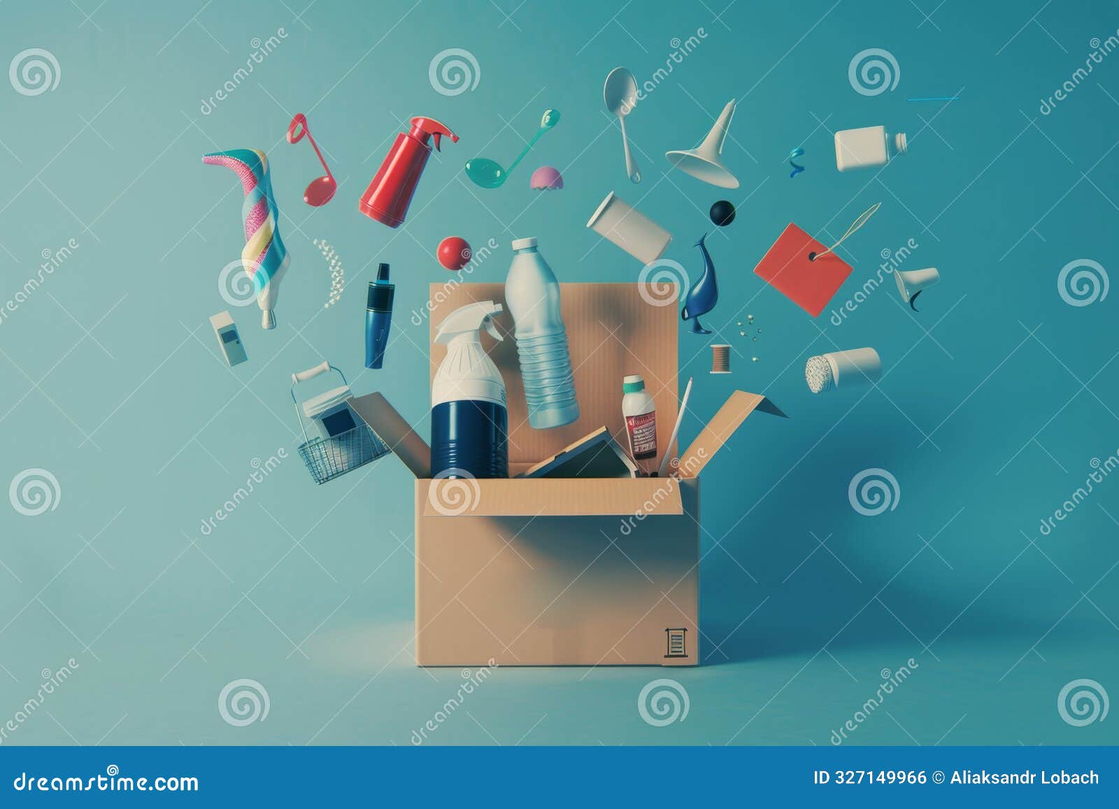 A Cardboard Box with Flying Objects from it. Various Items are Falling ...