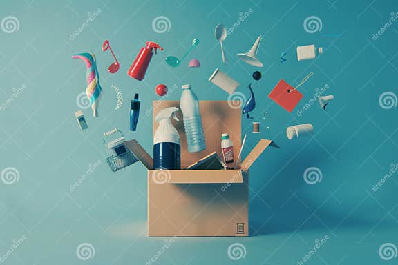 A Cardboard Box with Flying Objects from it. Various Items are Falling ...