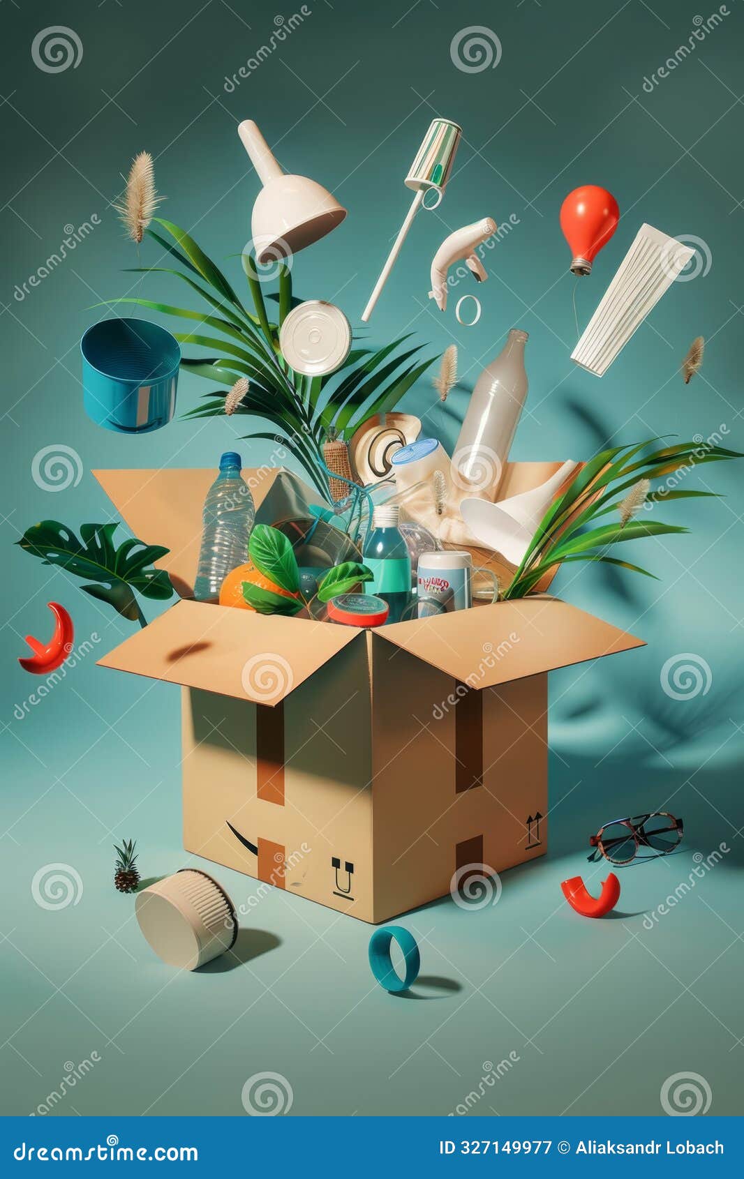 A Cardboard Box with Flying Objects from it. Various Items are Falling ...