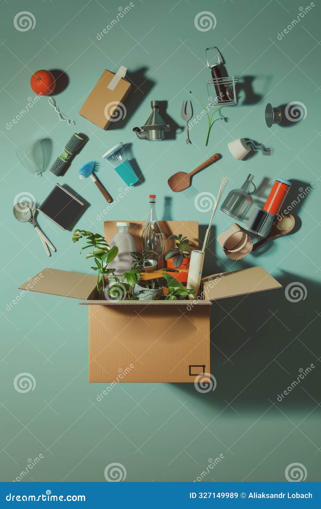 A Cardboard Box with Flying Objects from it. Various Items are Falling ...